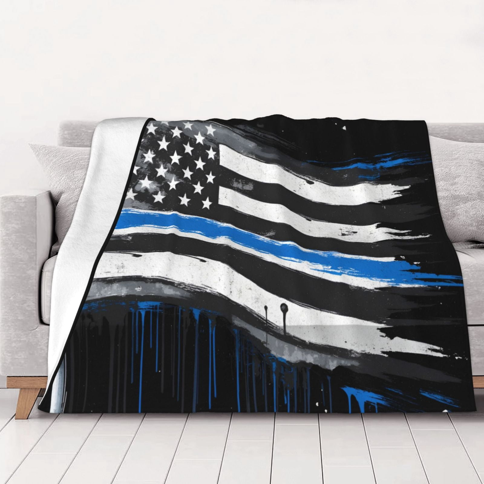 Thin Blue Line Flag Art Throws Blanket Fleece Soft Cozy Warm Plush for ...