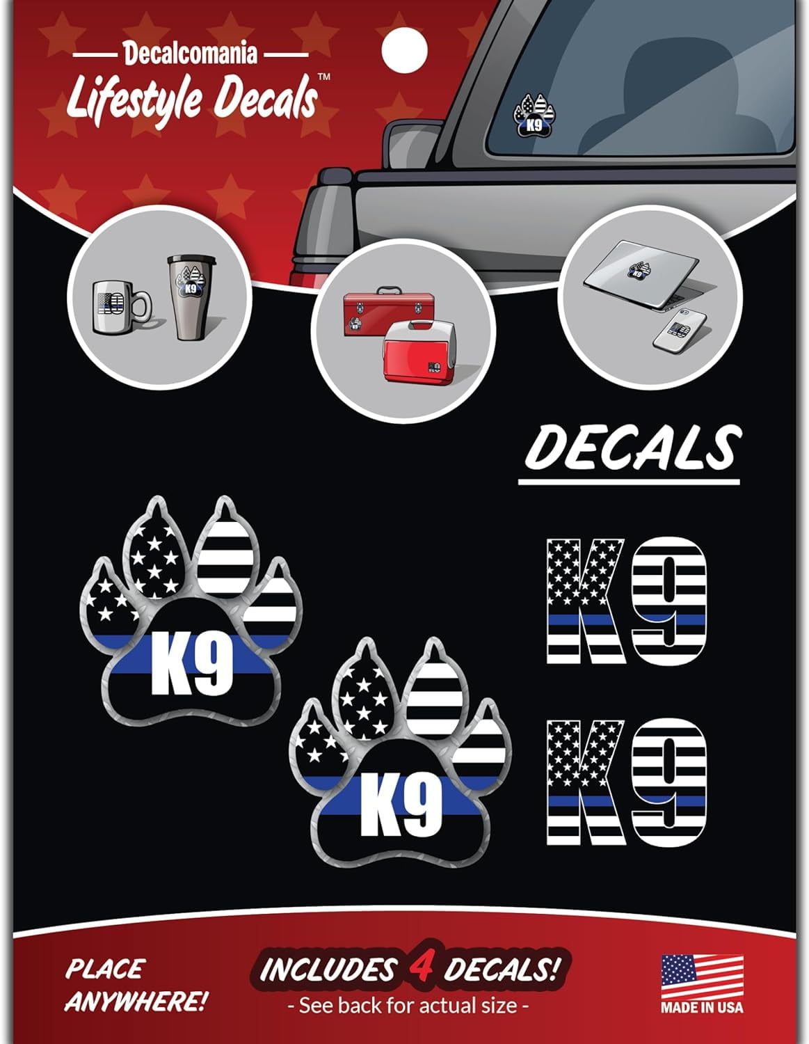 Thin Blue Line K9 Dog Paw Decals - Set of 4 Police K9 Vinyl Car ...