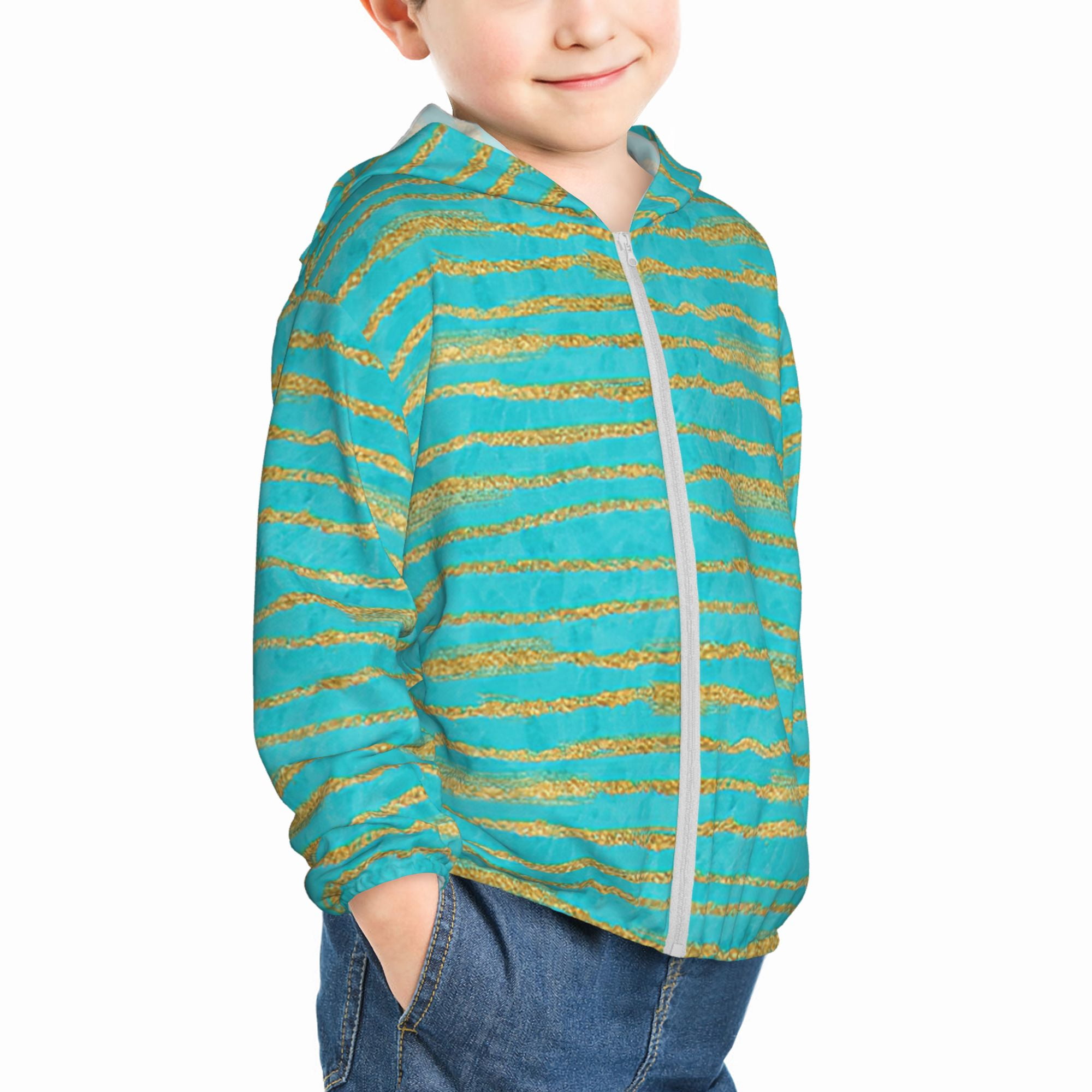 Thin Golden Glitter Stripes Turquoise Kids Zip-Up Hoodie Girls Boys Sun Protection Jacket Hooded ...