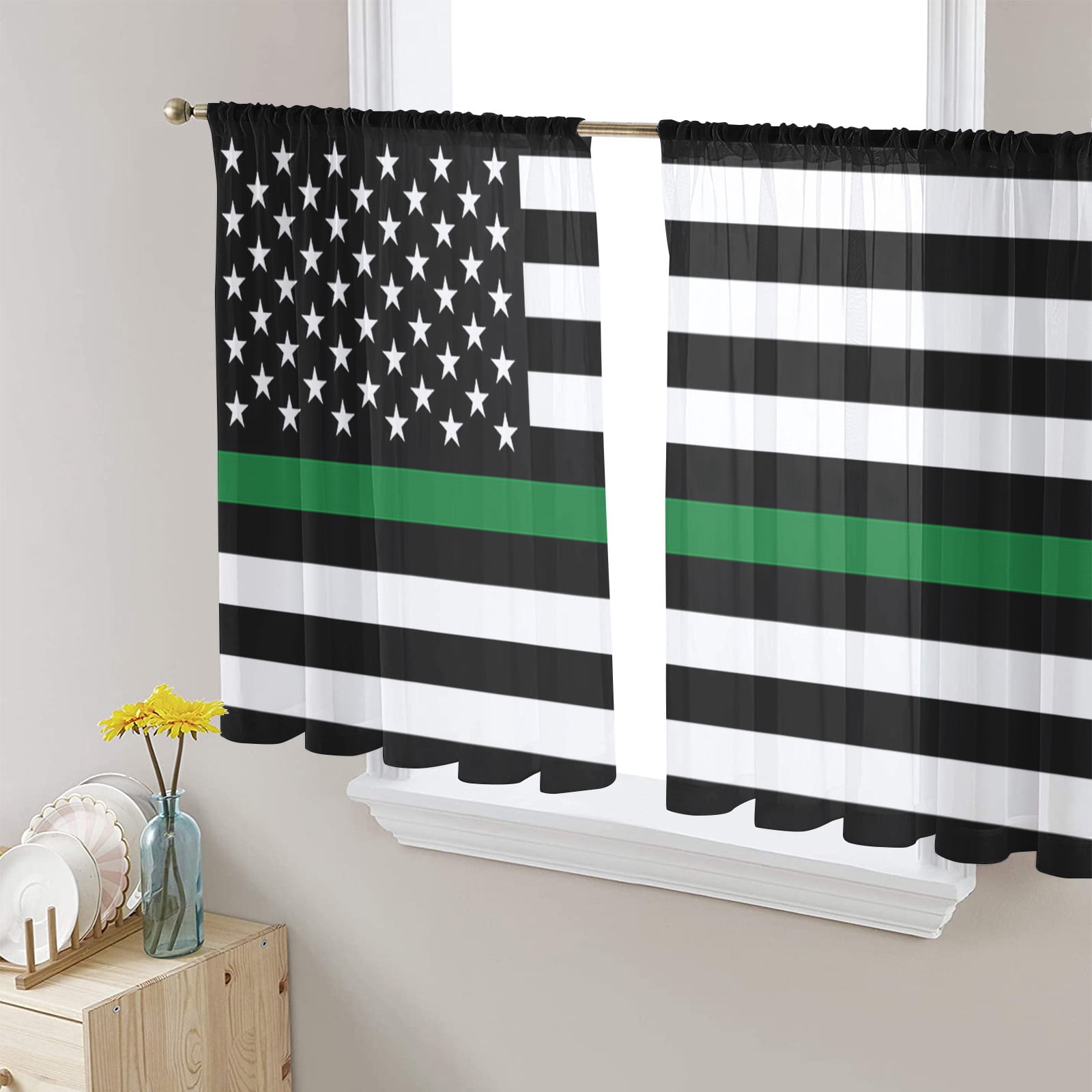 Thin Green White Line Semi Sheer Curtains 54 Inch Length 2 Panels Set ...