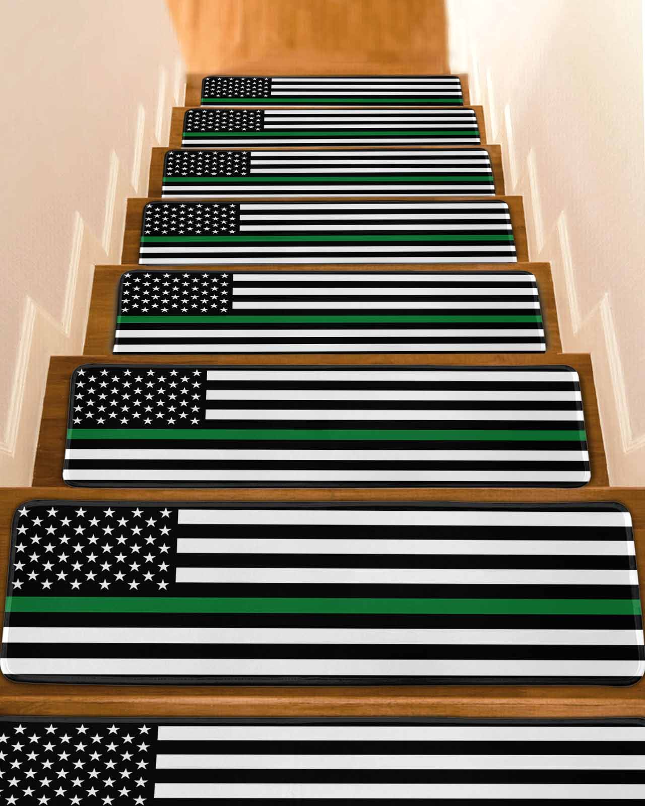 Thin Green White Line Stair Treads for Wooden Steps Indoor Runner Rug ...