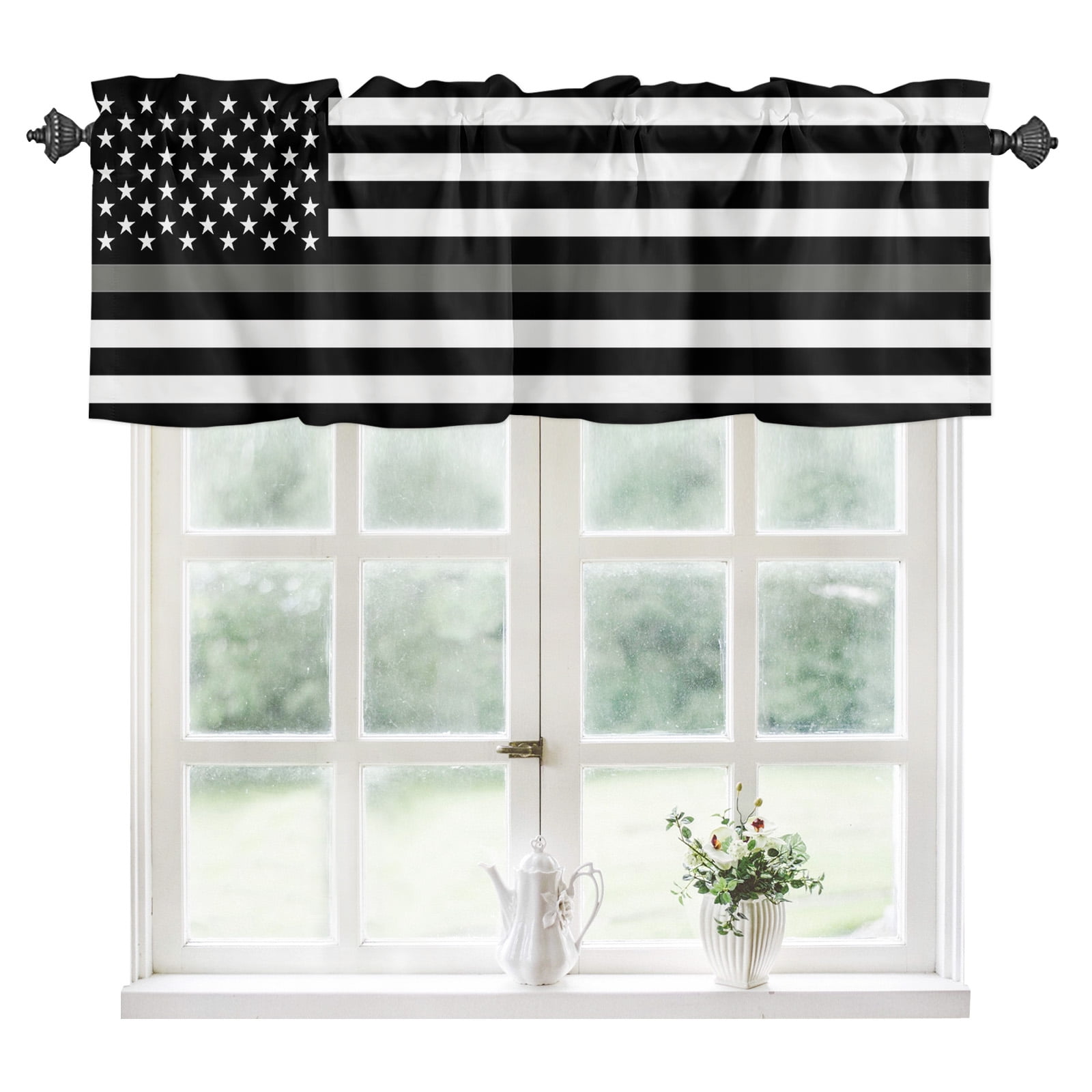 Thin Grey White Line Kitchen Valances for Windows 60x18 Inch Kitchen Curtains Valances Rod ...