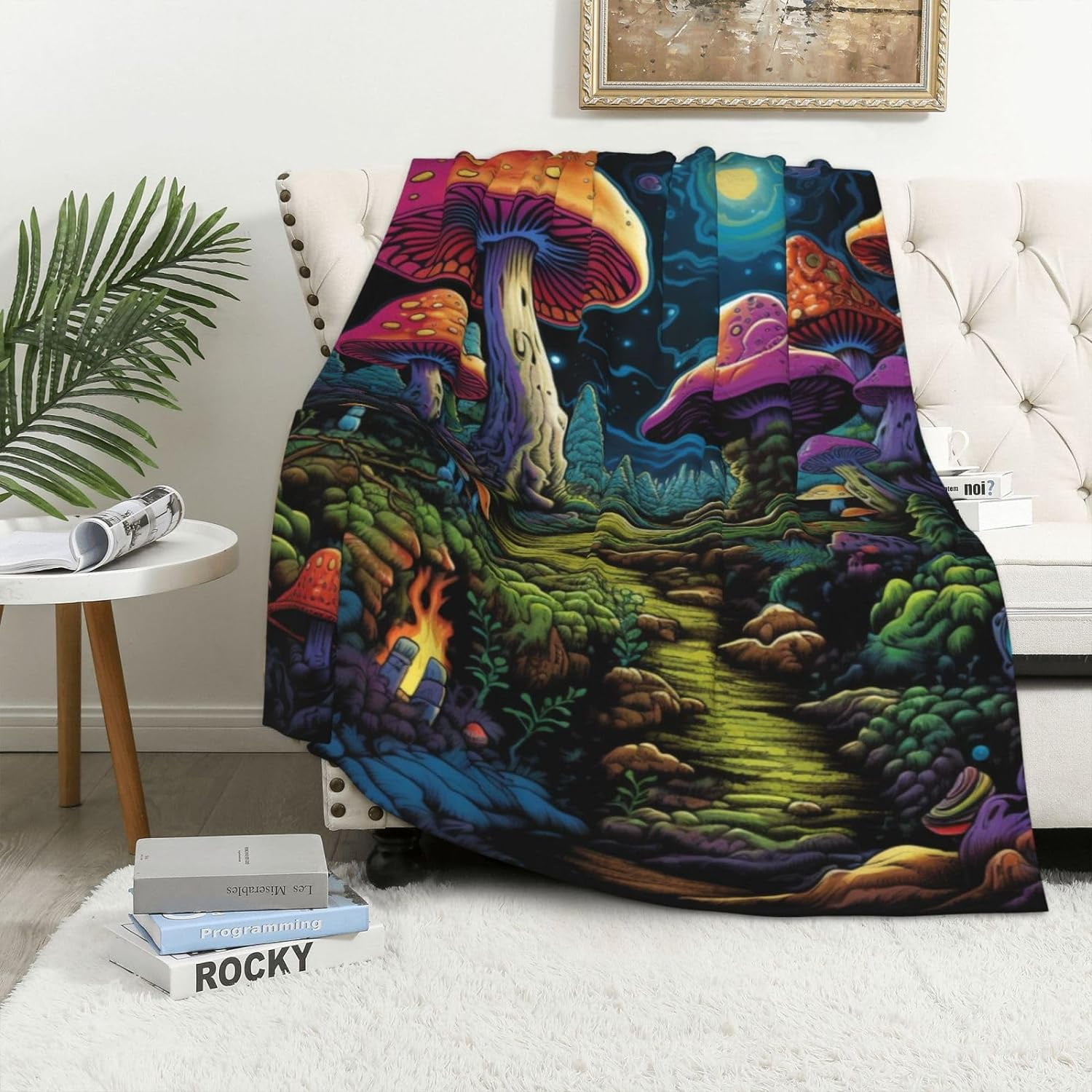 Thin Mushroom at Moon Night in Forest Boho Throw Blanket, Detailed ...