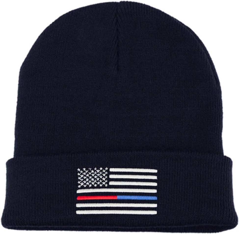 Thin Red And Blue Line American Flag Embroidered Beanie Police Officers ...