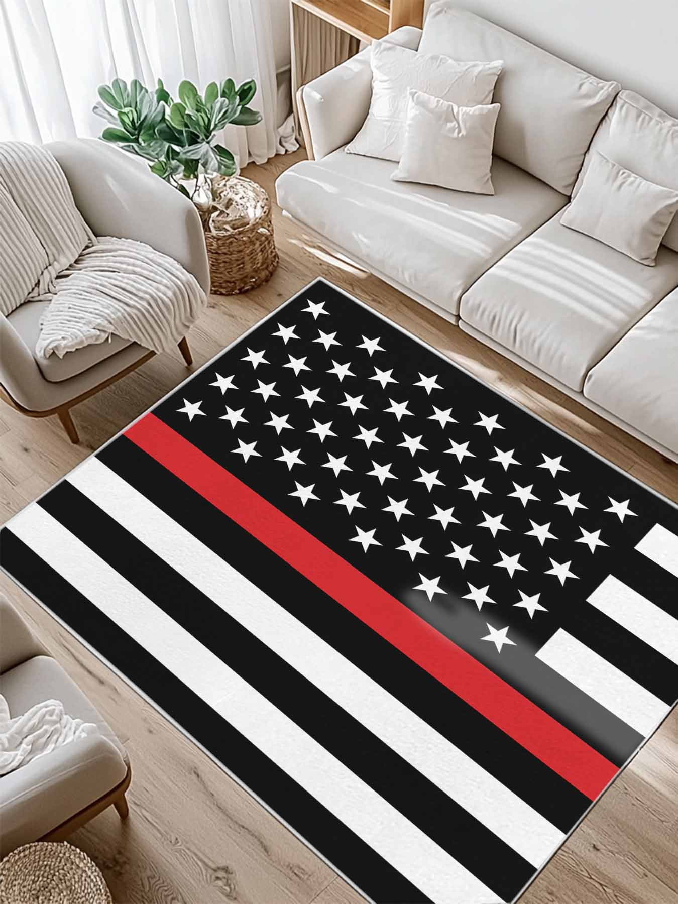 Thin Red Area Rug for Bedroom 2.7x5 Ft Line Flags American Firefighter ...