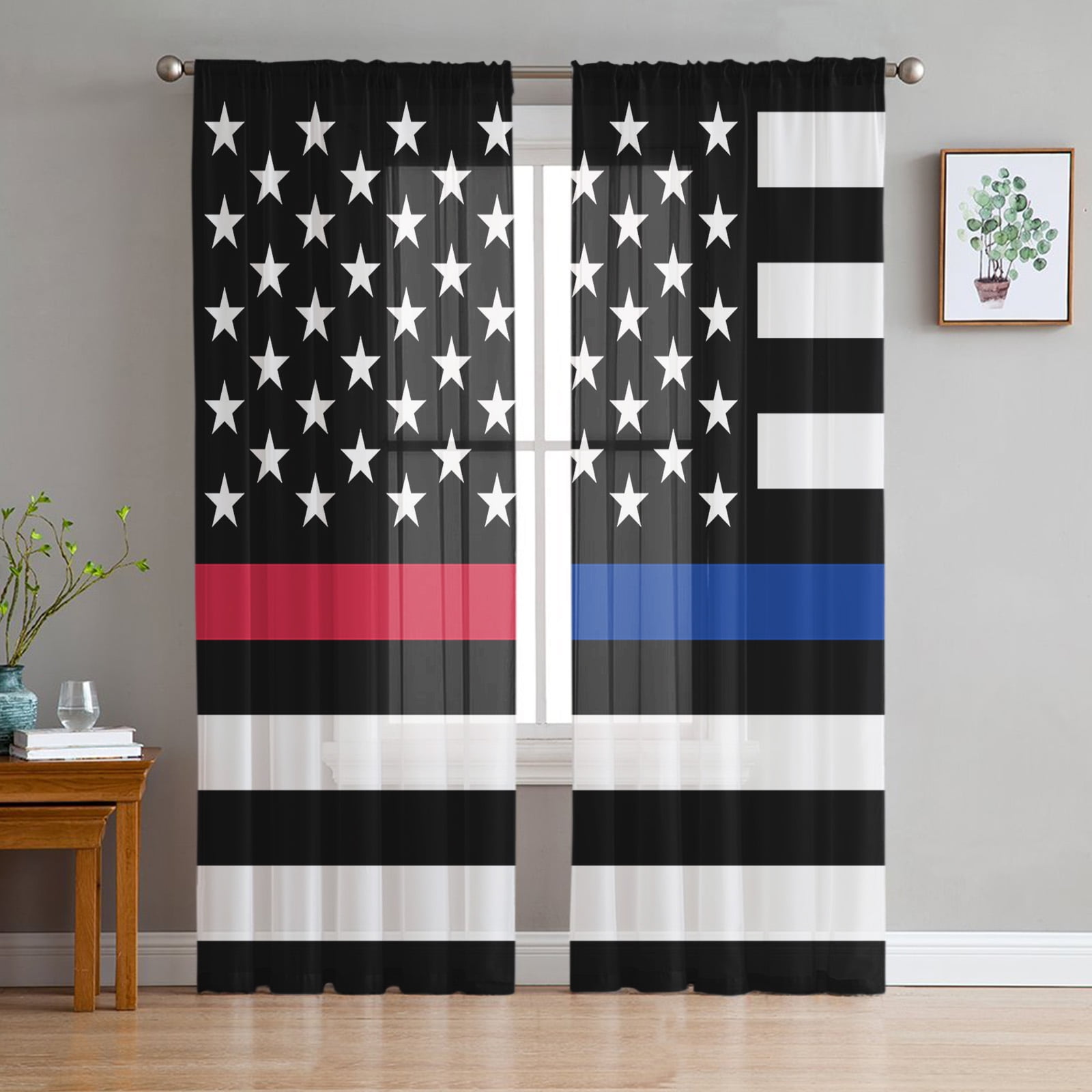 Thin Red Blue White Line Sheer Curtains 63 Inches Length 2 Panels Set ...
