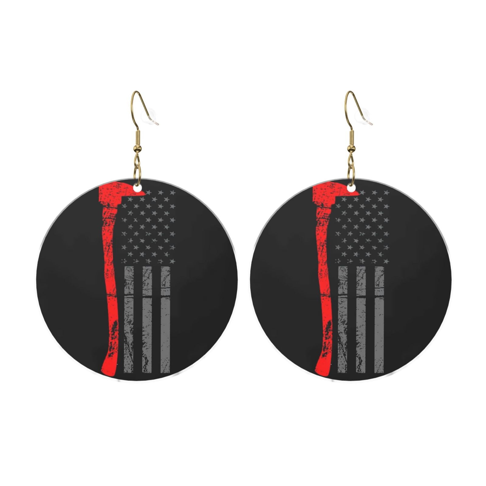 Thin Red Firefighter Line Axe Flag Pattern Round Dangle Earrings For ...