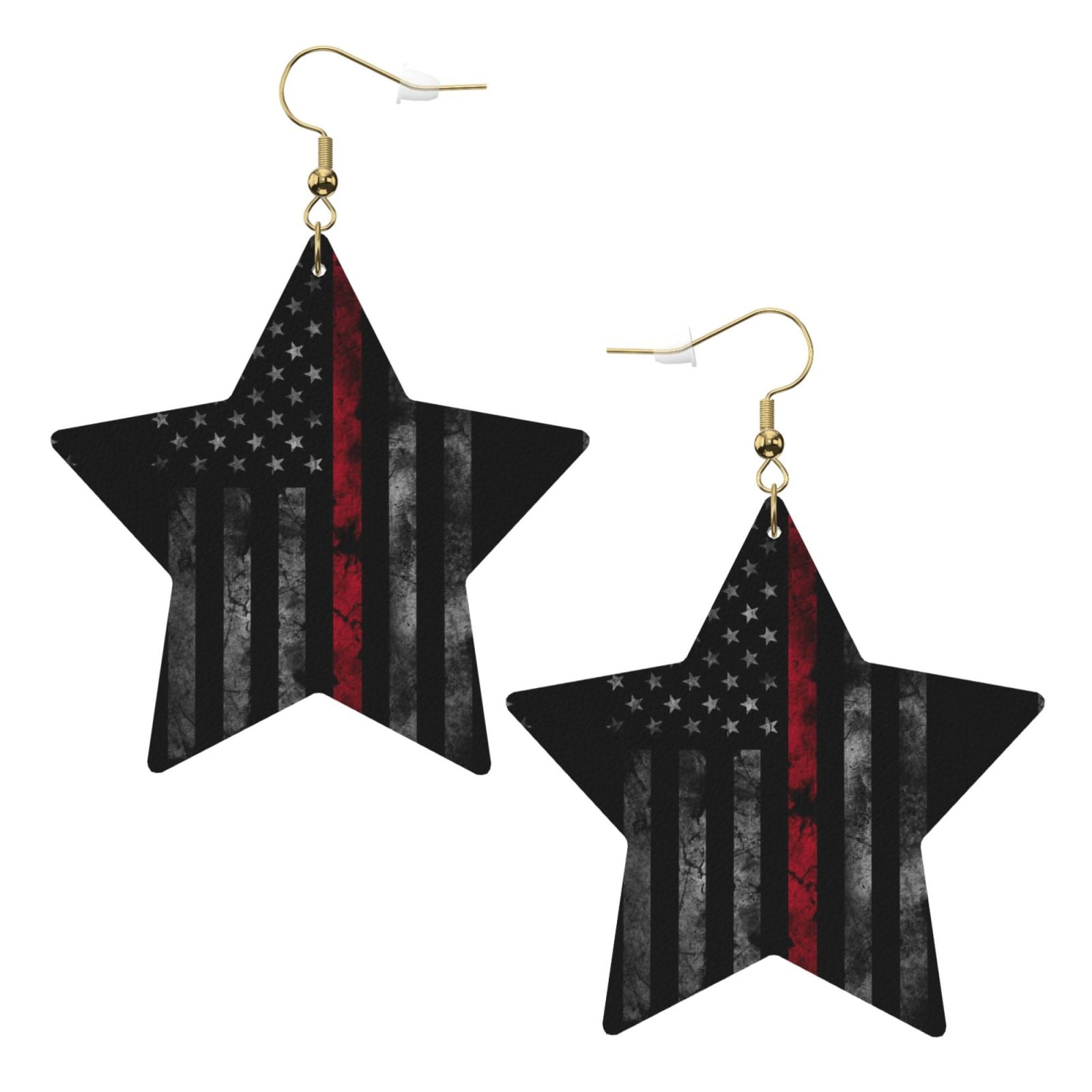 Thin Red Firefighter Line Flag Star Faux Leather Dangle Drop Earrings ...