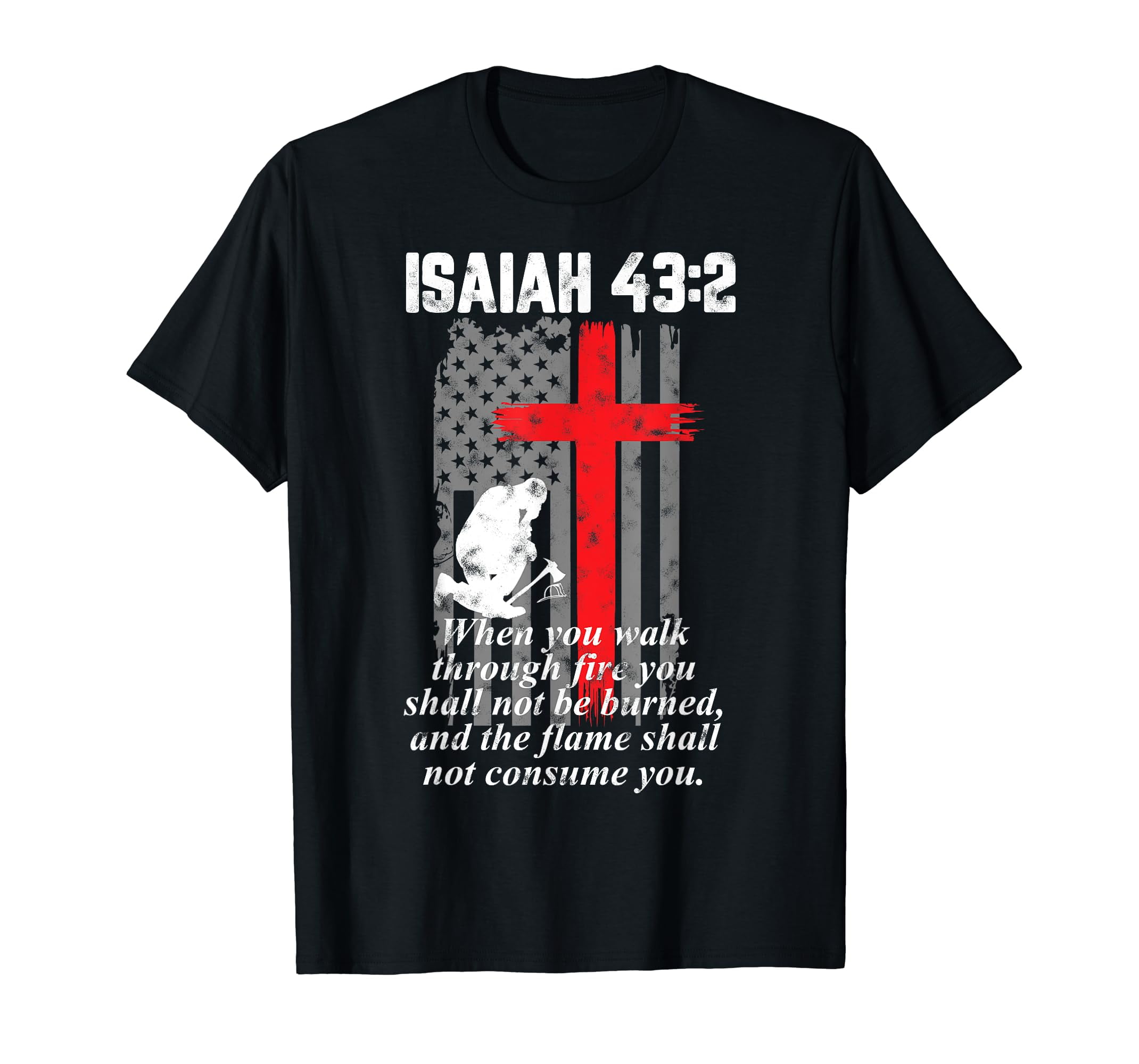 Thin Red Line Firefighter Cross Bible Verse American Flag T-Shirt ...