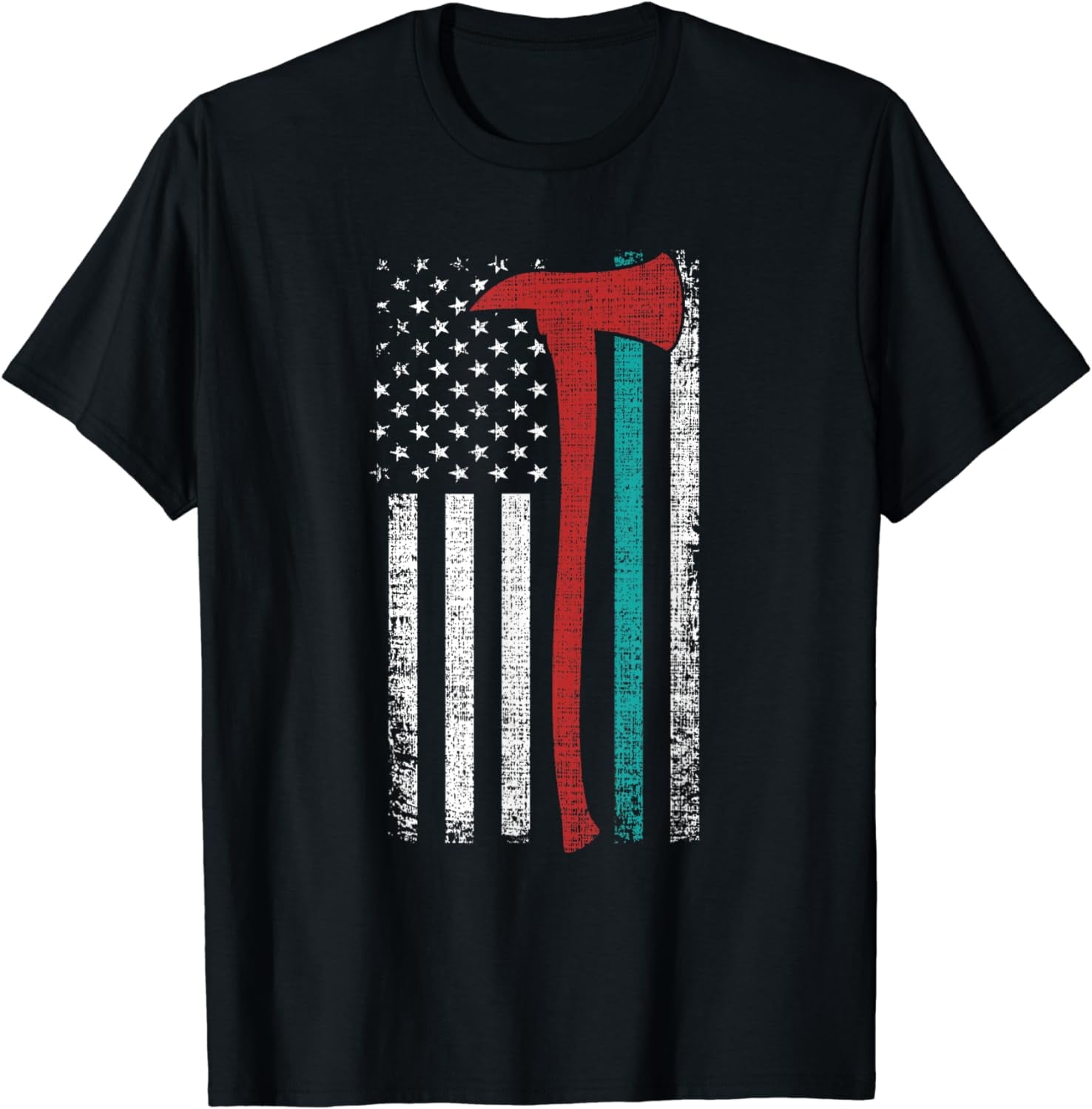 Thin Red Line Firefighter PTSD Awareness Teal USA Flag Axe T-Shirt ...