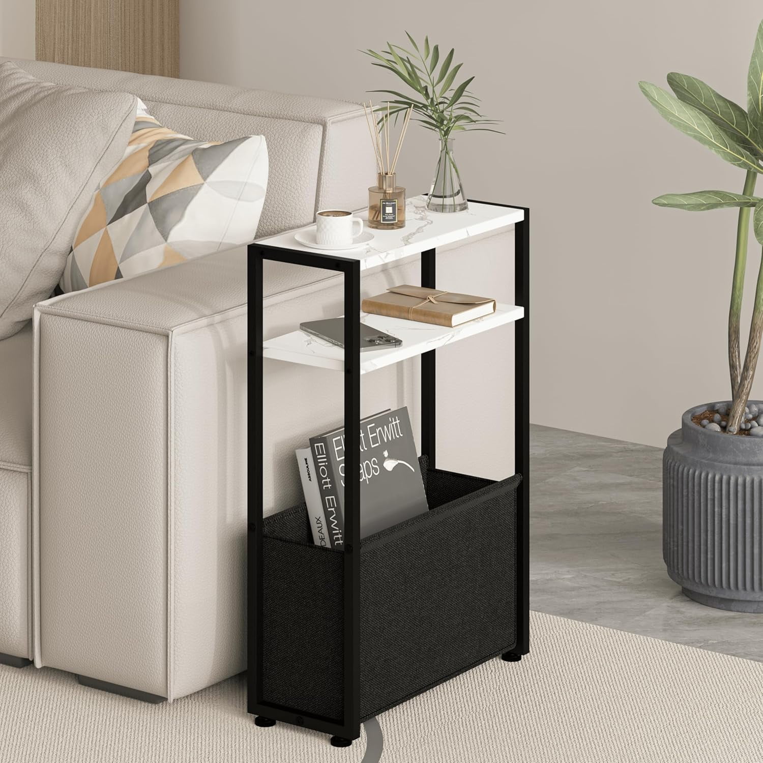 Thin Side Table, Narrow Side Table with Fabric Basket, Narrow Table for ...