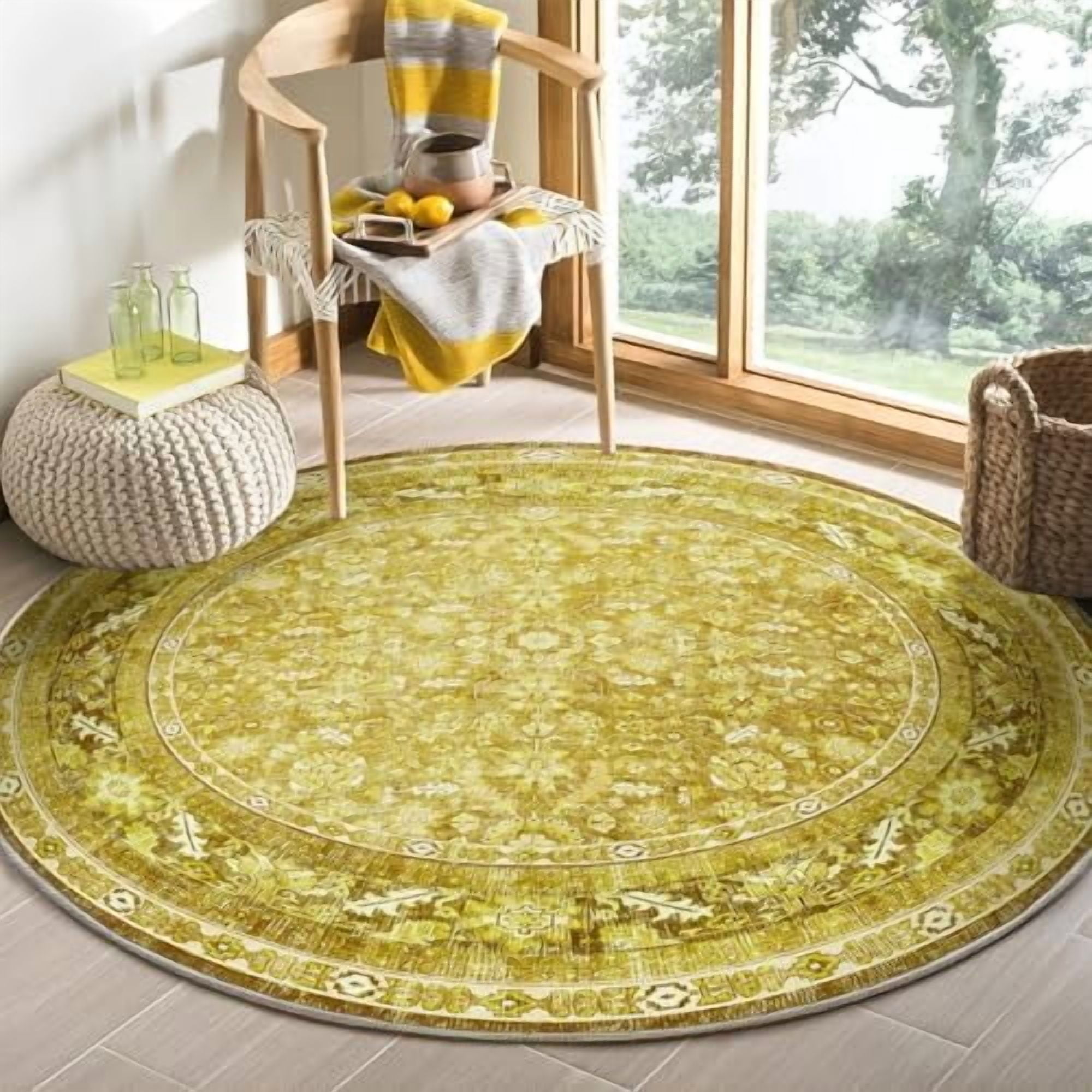 Thin Vintage Yellow Round Rug 4ft, 4 ft Retro Washable Circle Rug Non ...