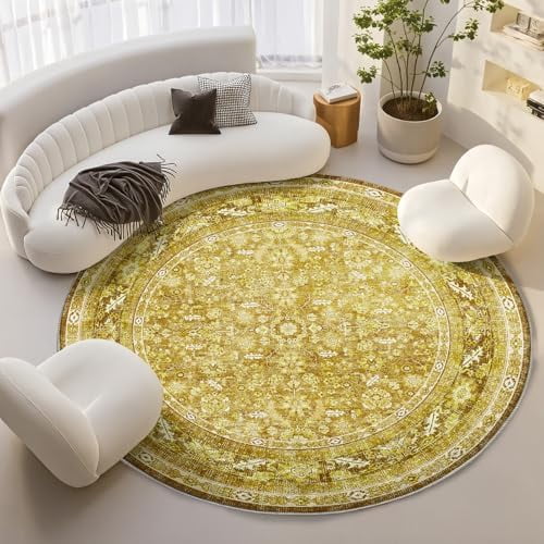 Thin Vintage Yellow Round Rug 6ft, 6 ft Retro Washable Circle Rug Non ...