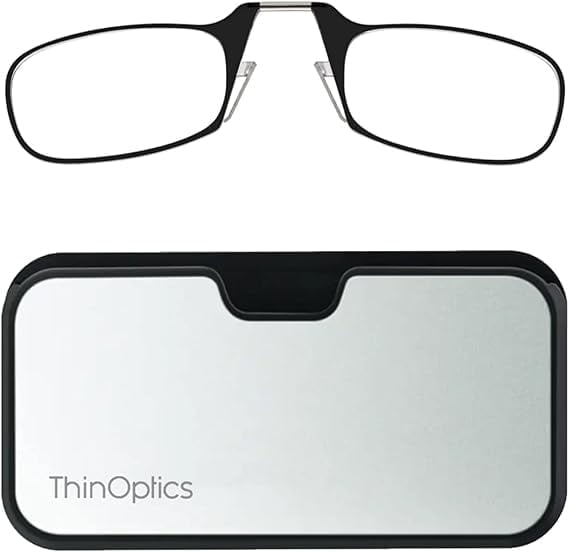 ThinOptics Universal Case and Readers Rectangular Reading Glasses, Silver Black Metal Pod with ...