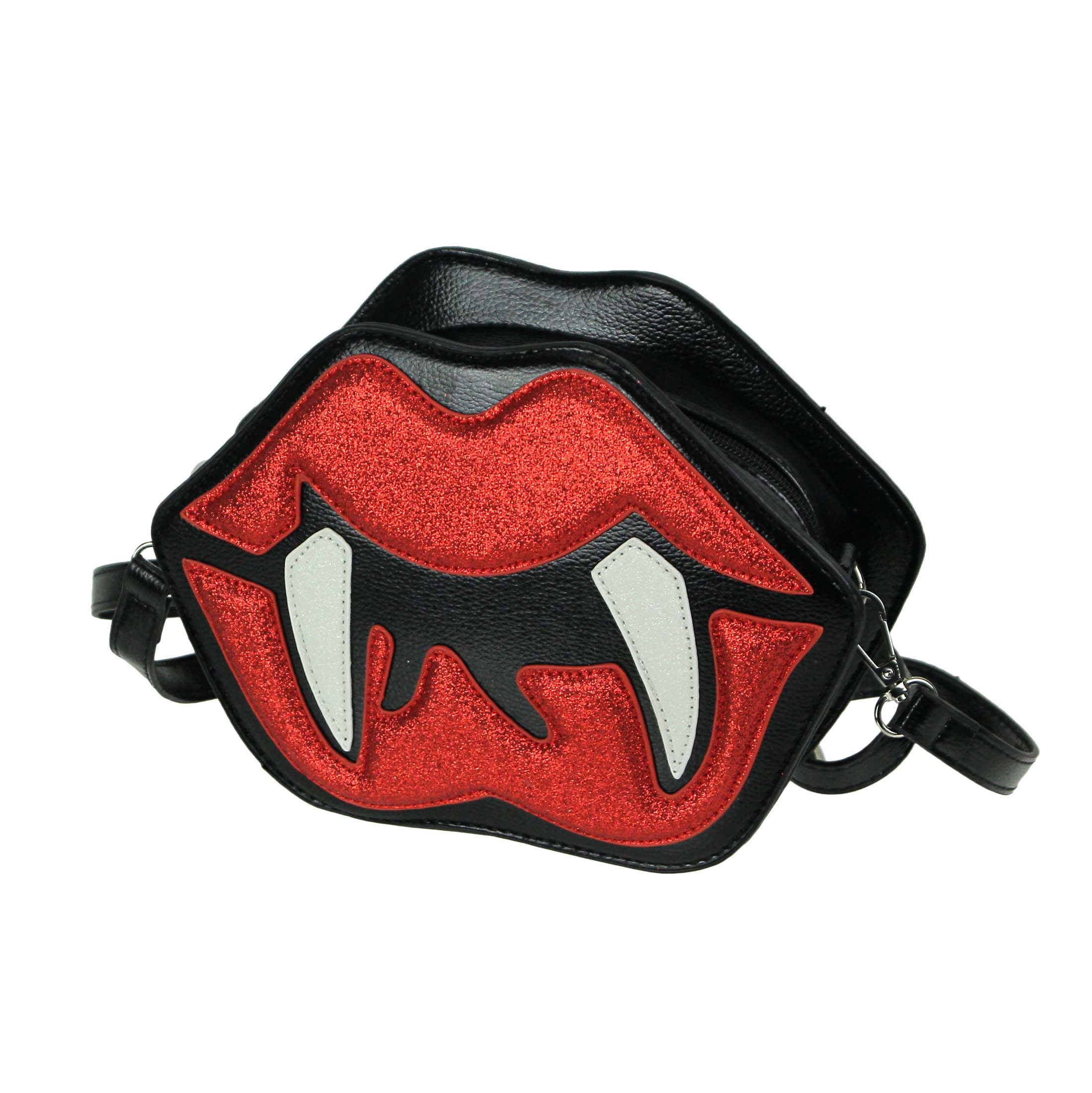 Things2Die4 Glittery Red Vampire Lips With Fangs Black Vinyl Crossbody ...