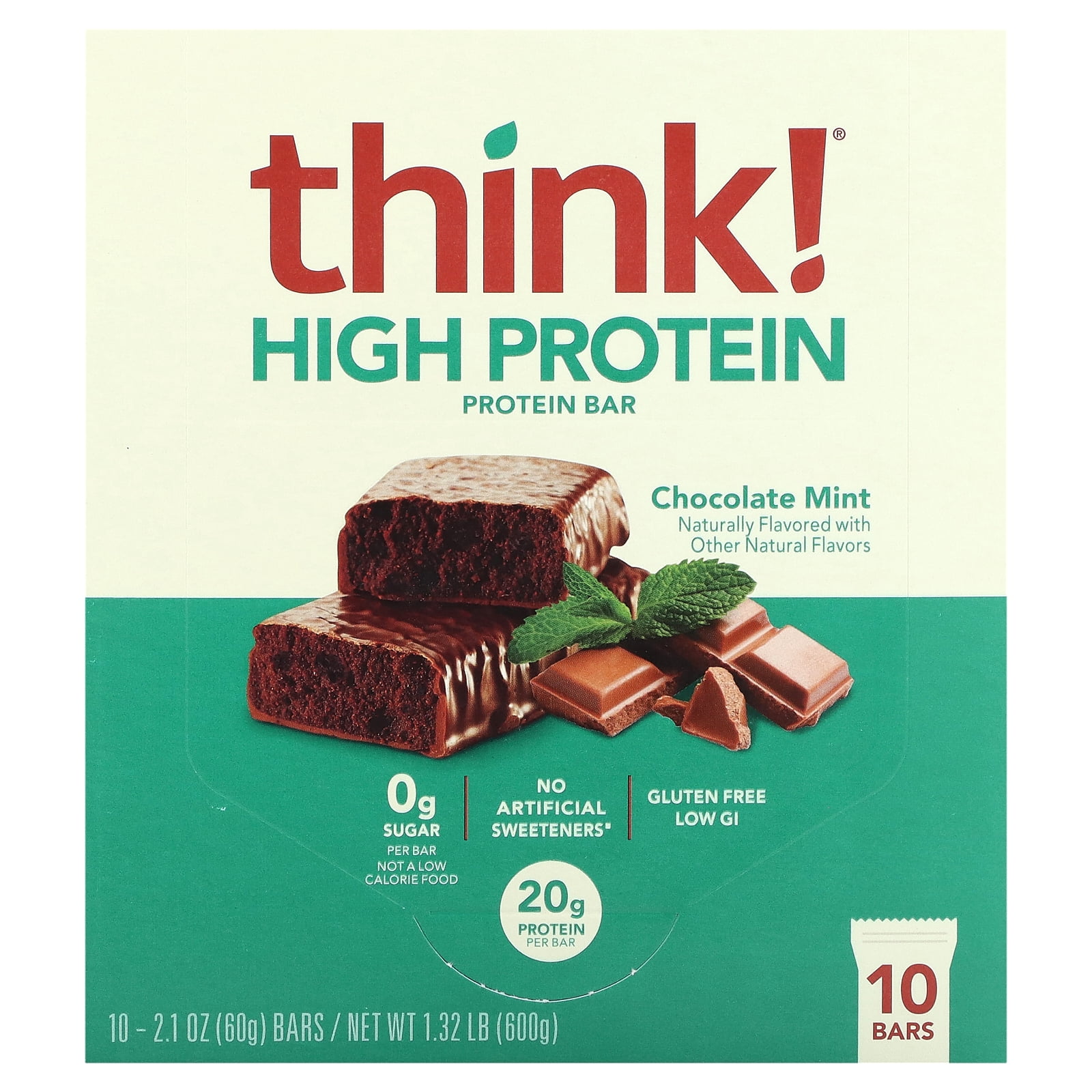 Think ! High Protein Bars, Chocolate Mint, 10 Bars, 2.1 oz (60 g) Each ...