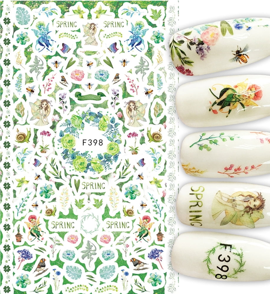 Think Spring nail art stickers showing fairys birds snail flowers ...