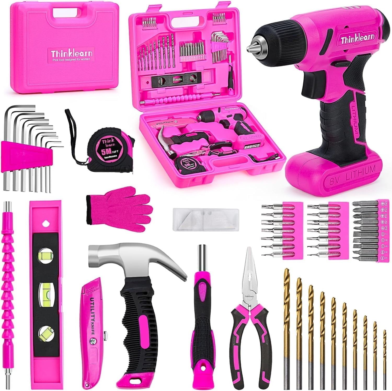 ThinkLearn 64PCS Pink Tool Set with Cordless Drill, 8V Power Drill and ...