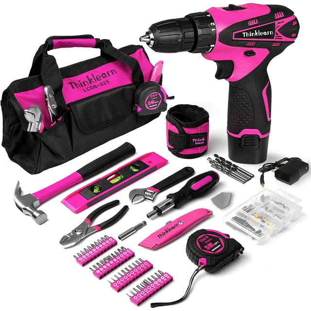 ThinkLearn Pink Drill Set for Women, 137 Piece Hand and Power Tool Set ...