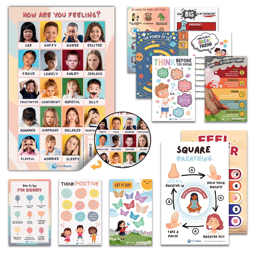 ThinkPsych 12 Pack Laminated Emotions Posters, English/Spanish, Double ...