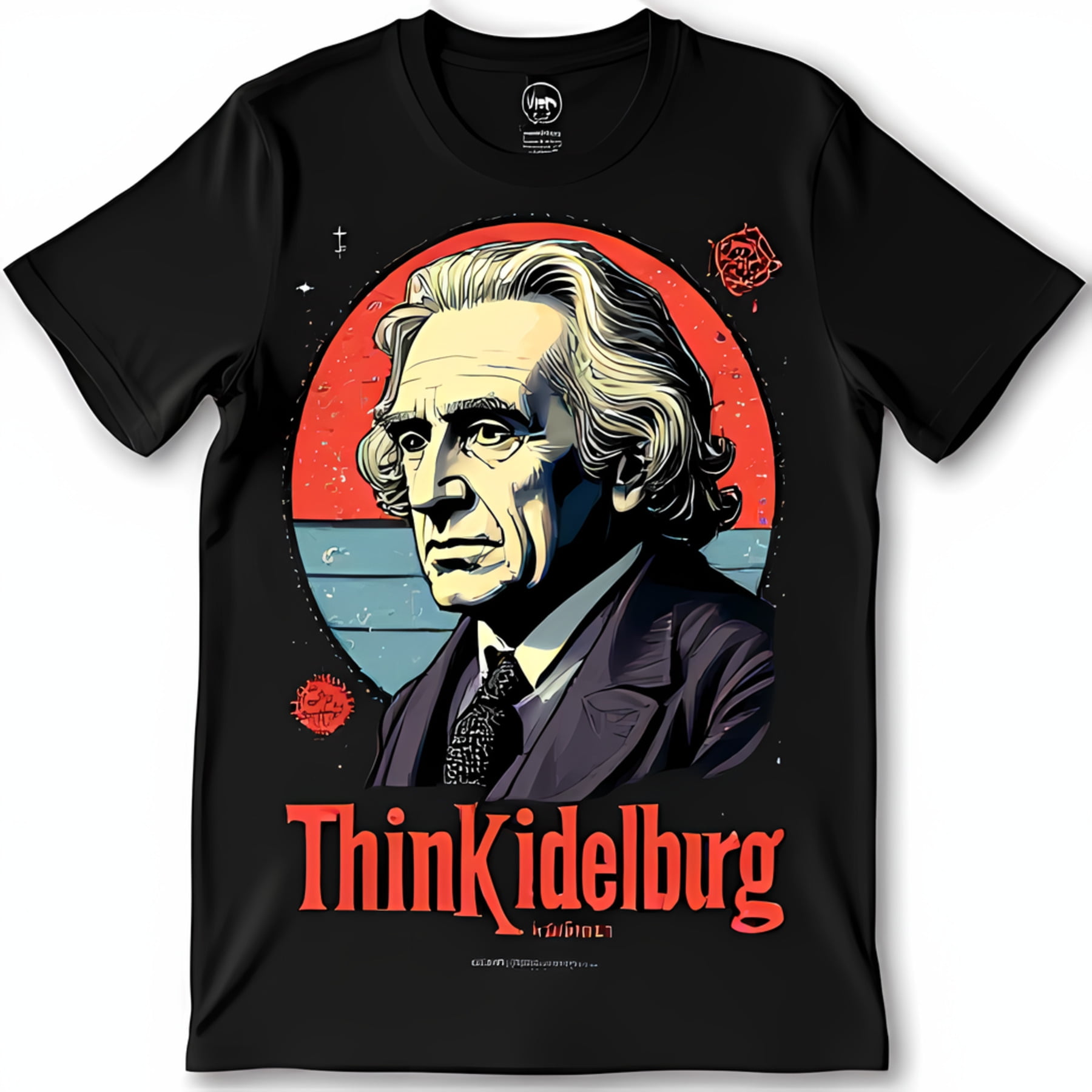 Thinkidelburg Graphic Black T-Shirt Man with White Hair in Suit Bold ...