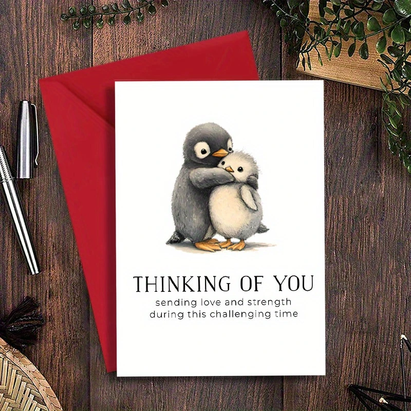 Thinking of You Greeting Card – Heartwarming Penguin Design – Blank ...