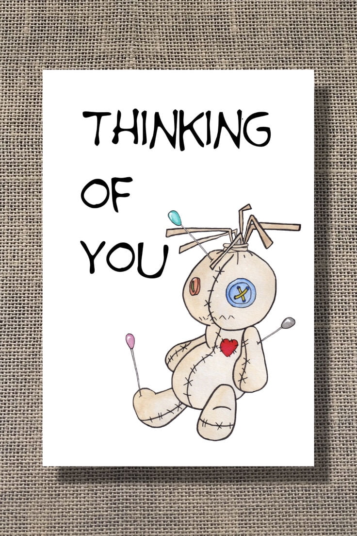 Thinking of You Card – Cute Voodoo Doll Design – Blank Inside for ...