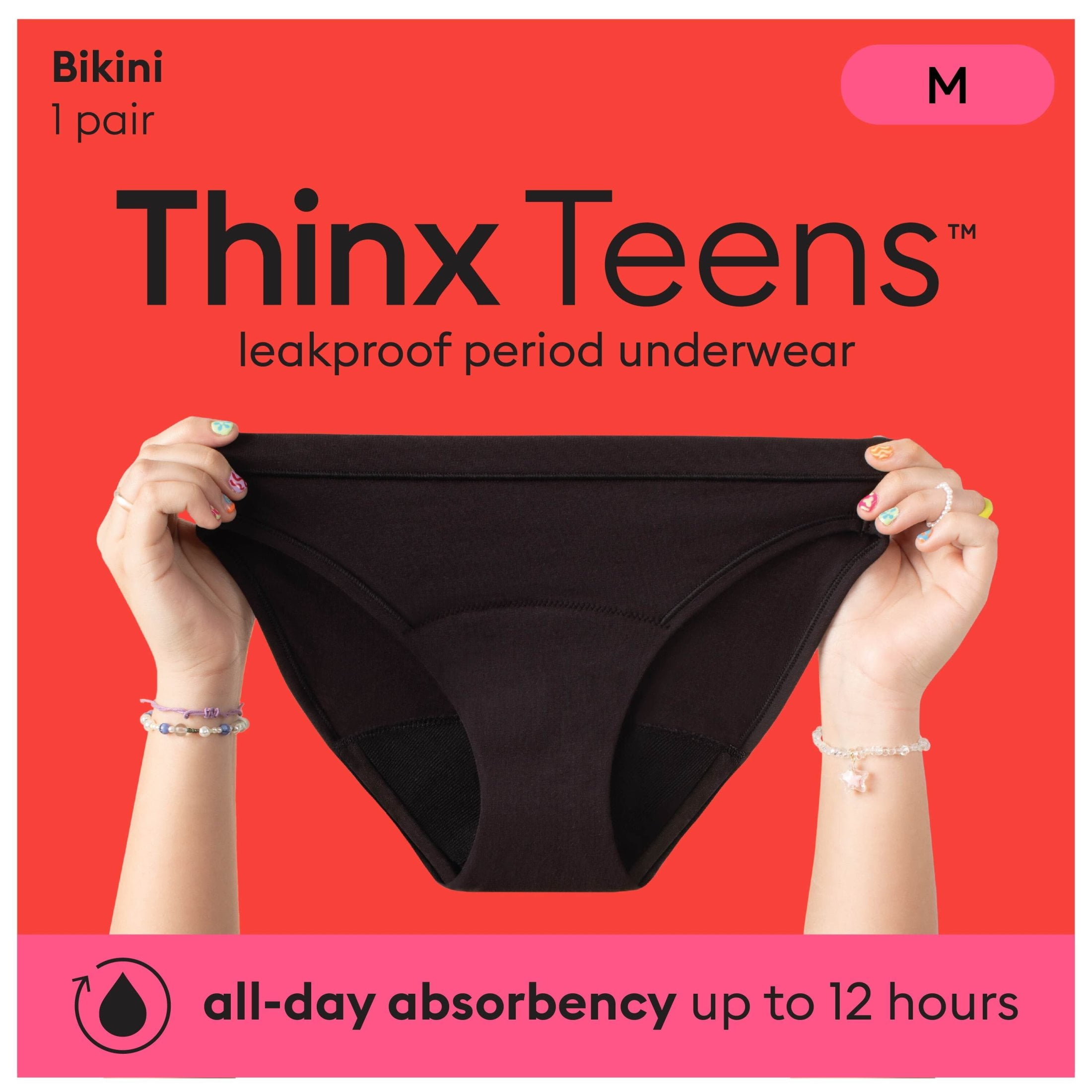 Thinx Teens Cotton Bikini Leakproof Period Underwear, Size 11/12, Black ...