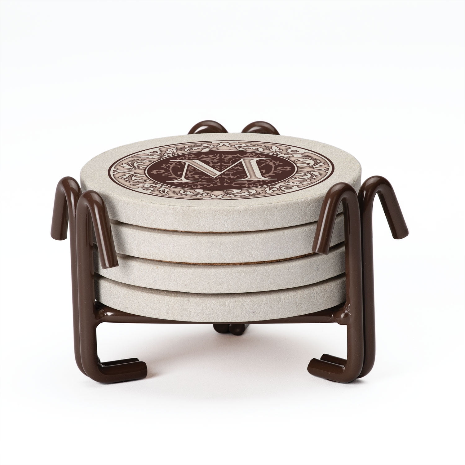 Thirstystone 4-Pack Monogram Letter M Sandstone Coasters in iron Holder ...