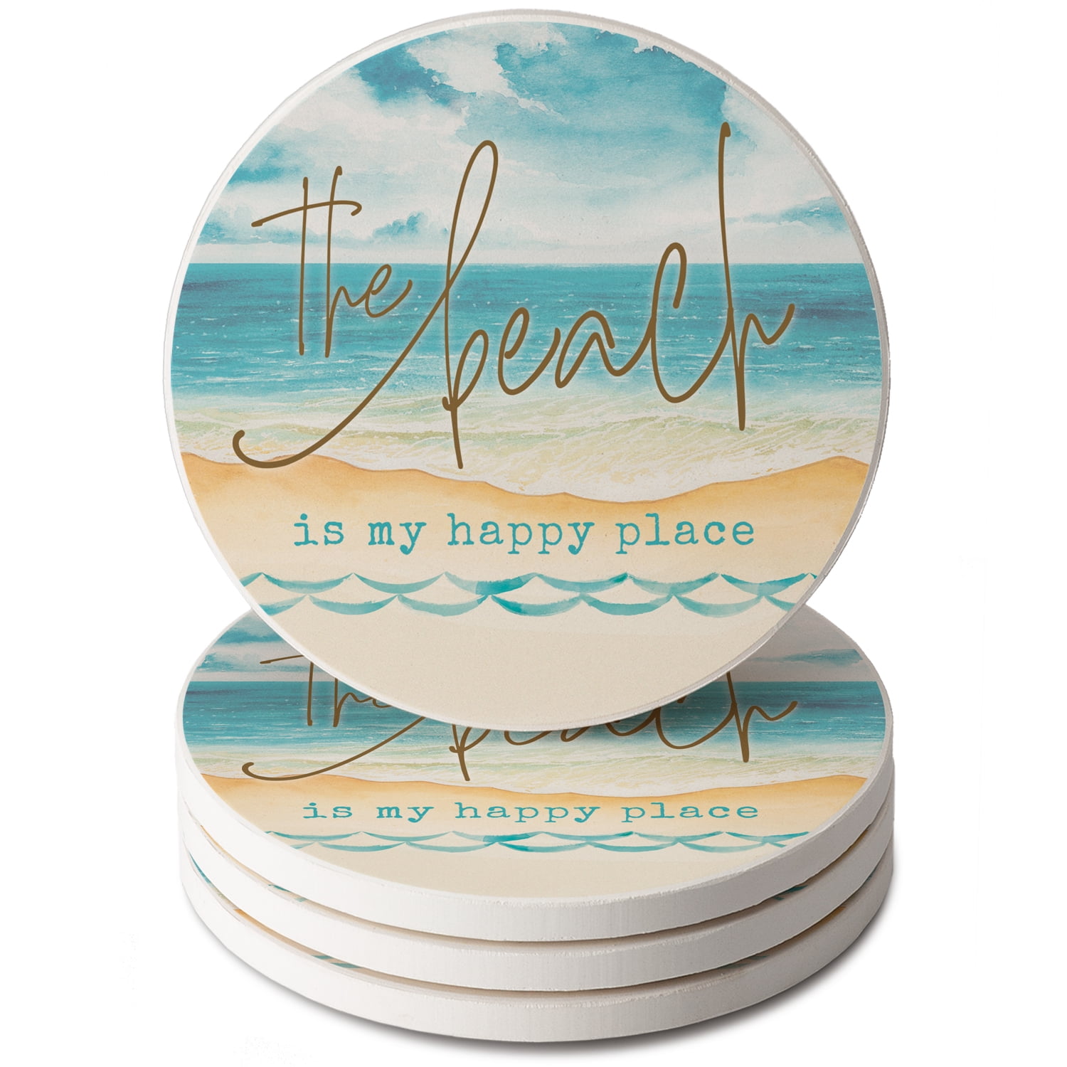 Thirstystone "Beach Happy Place" 4-Pack Round Absorbent Stone Coasters ...