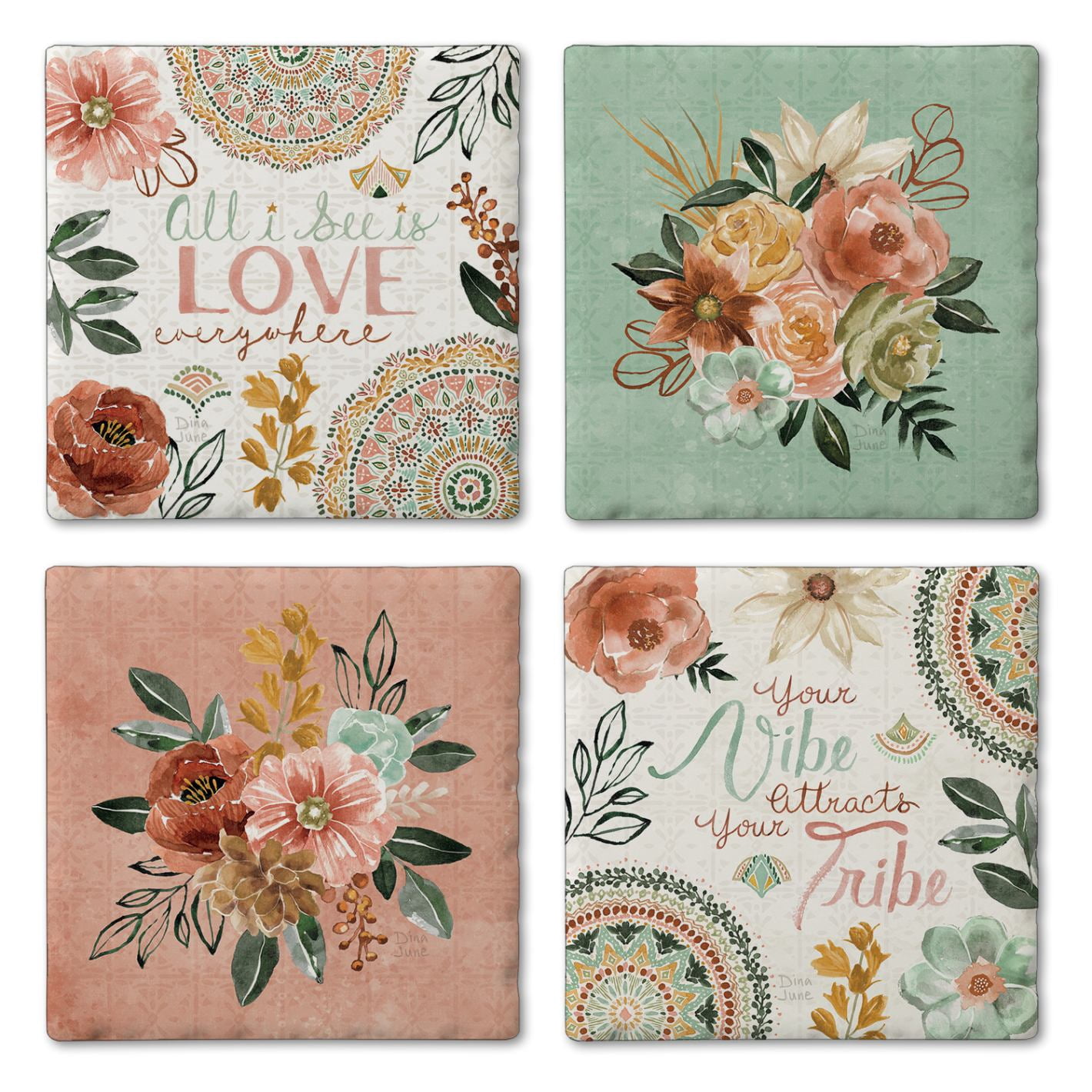 Thirstystone "Chic Floral" 4-Pack Assorted Tumbled Tile Coasters ...