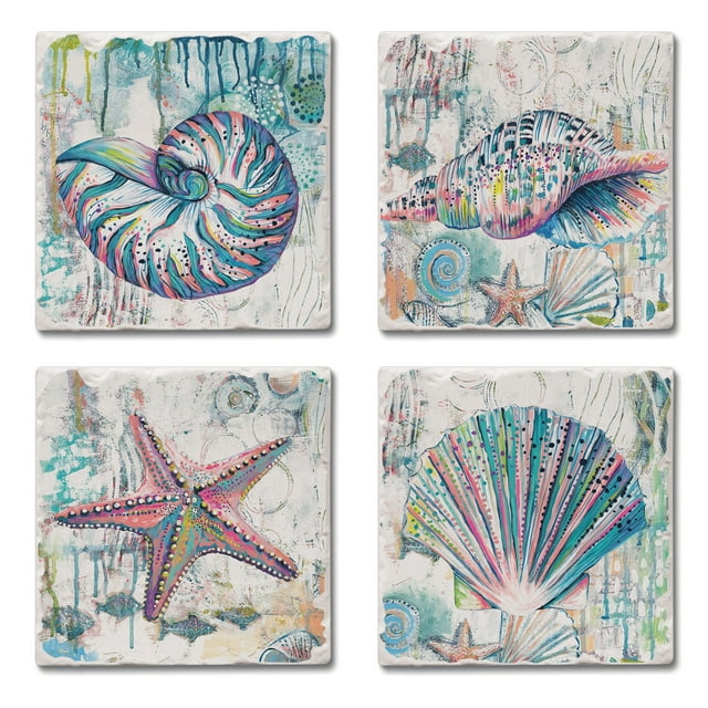 Thirstystone "Jewels of the Sea" 4-Pack Tumbled Tile Coasters 4" Square ...
