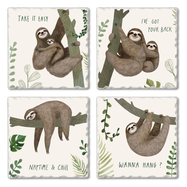 Thirstystone "Sloth's Say" 4-Pack Tumbled Tile Coasters 4" Square ...