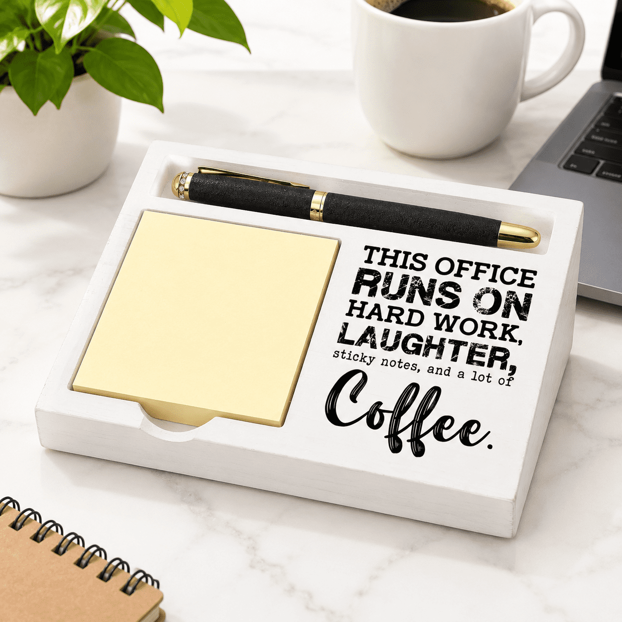 This Office Runs on Hard Work White Wood Sticky Note and Pen Desk ...
