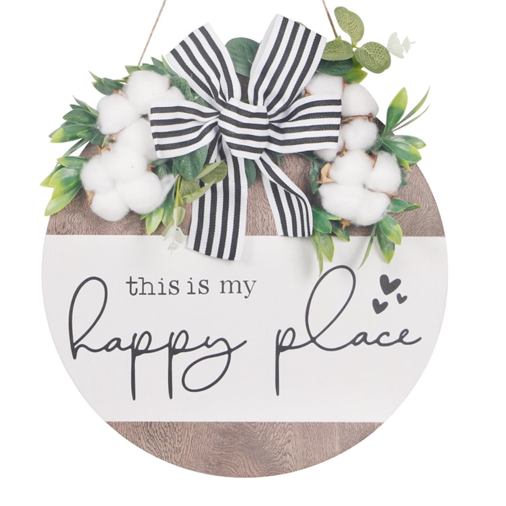 Rustic Wooden Welcome Sign - 'This is My/Our Happy Place' Wreath for ...