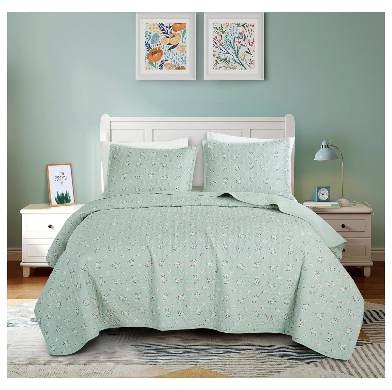 Thistle 3-Piece Tranquil Floral Quilt Set King - Soft Green White ...
