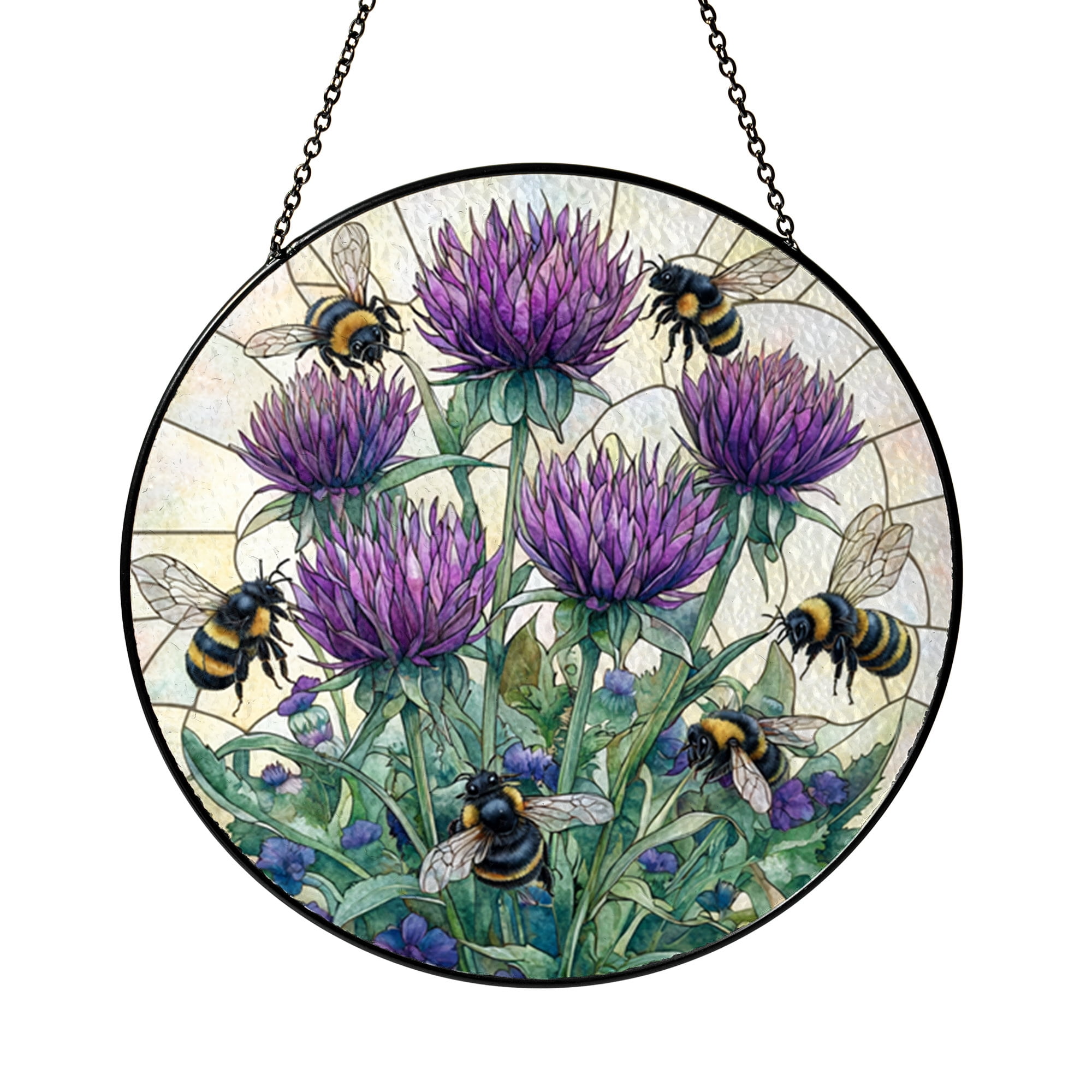 Thistle Bloom and Bee Sun Catcher Glass Window Hanging Botanical Home ...