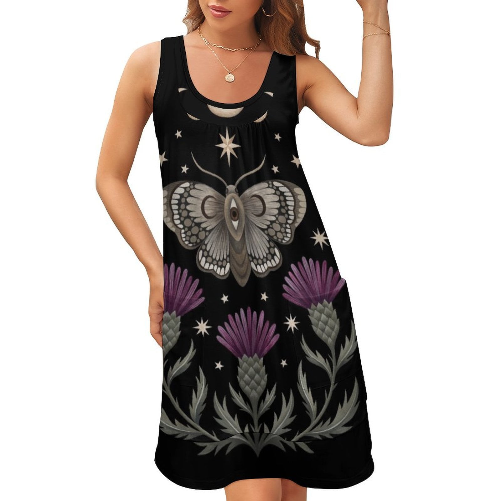 Thistle and moth Sleeveless U-Neck Fake Two Piece Dress long sleeve ...
