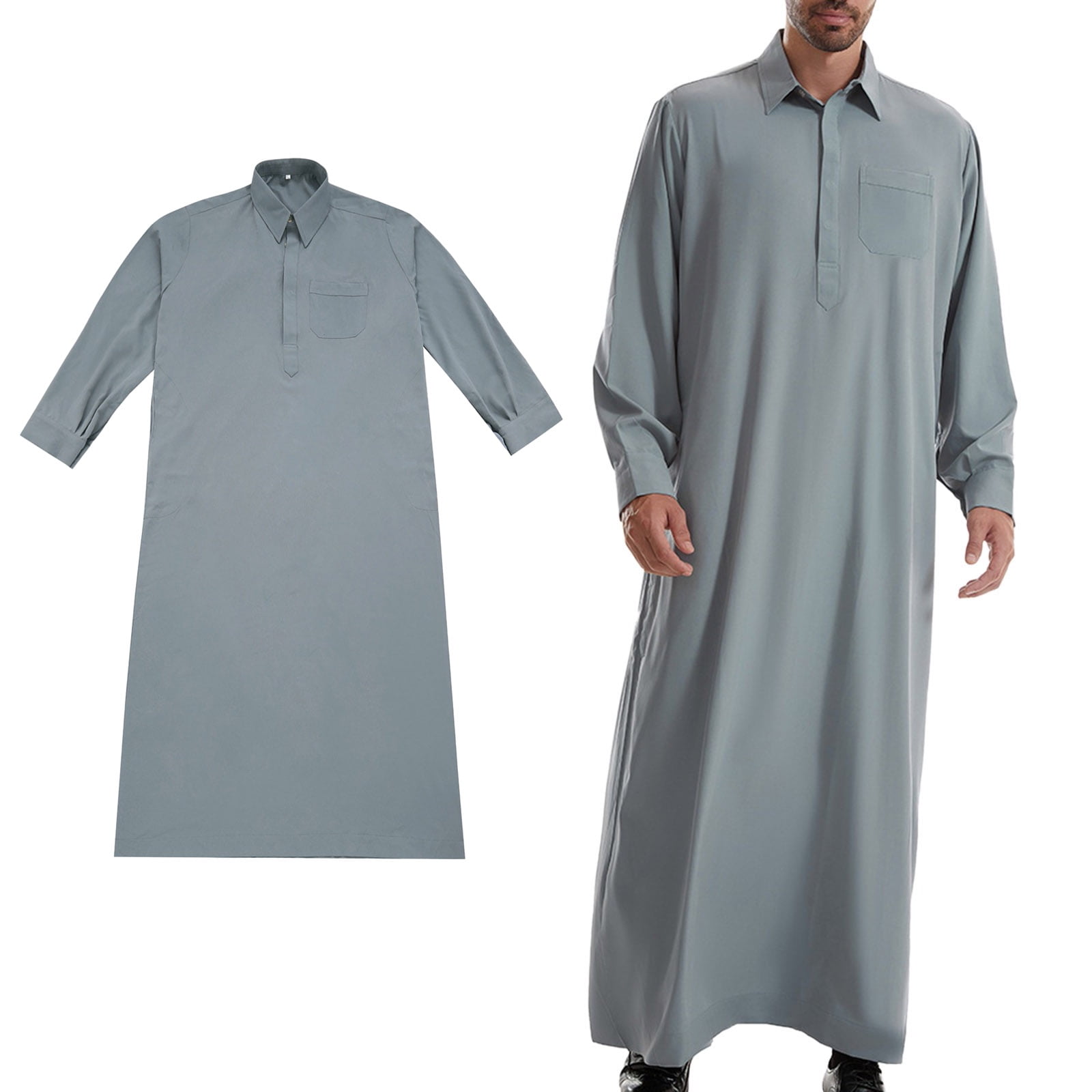 Thobes Men Muslim Long Sleeve Button Down Kaftan Thobe with Pocket Grey ...