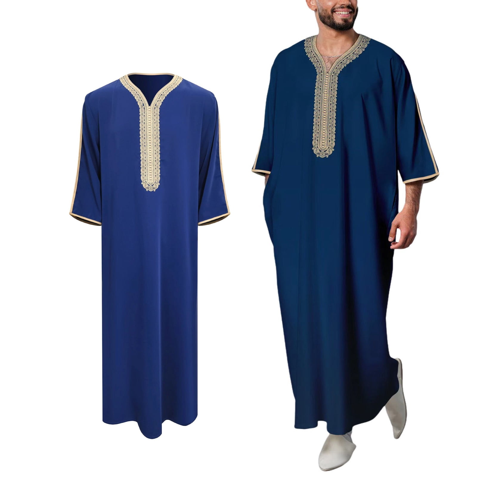 Thobes Men Muslim Long Sleeve Embroidered Thobe with Pocket Men Blue ...