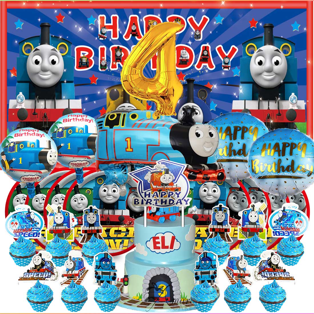 Thomas 4th Tableware Balloons Cake Toppers Backdrop Banner Supplies ...
