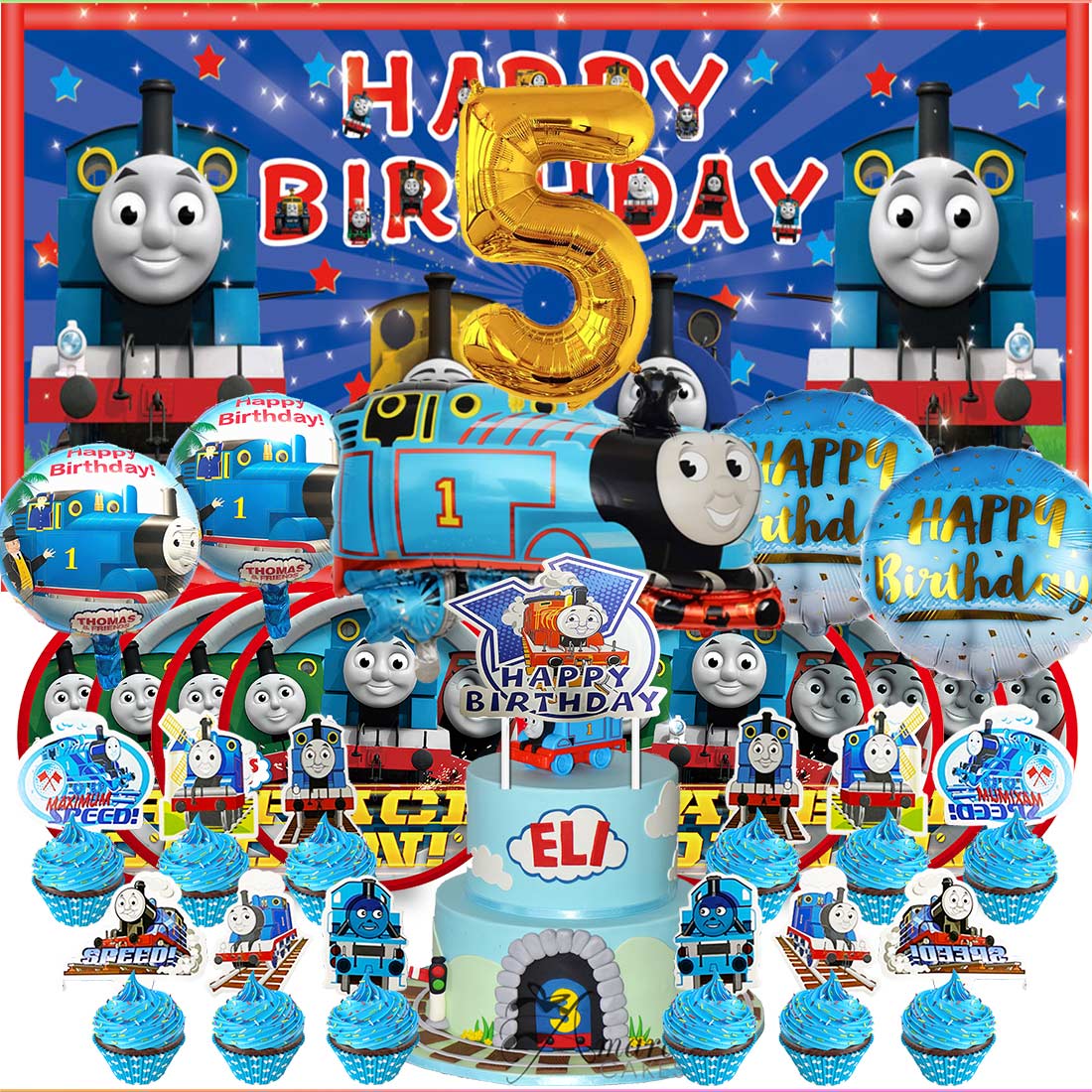 Thomas 5th Tableware Balloons Cake Toppers Backdrop Banner Supplies ...