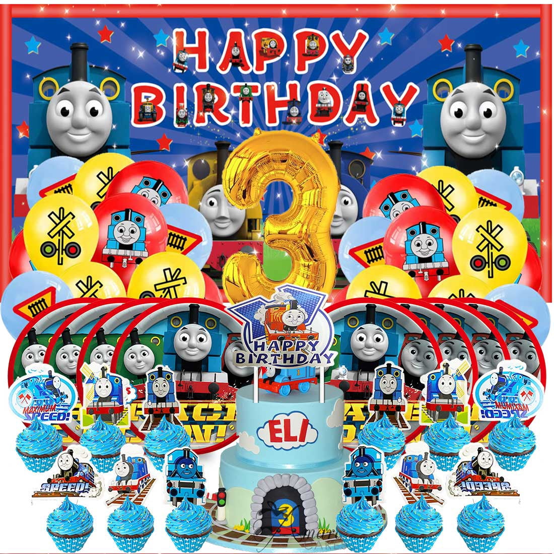 Thomas Balloons Party Supplies 3rd Decor Tableware Birthday Cake Topper ...