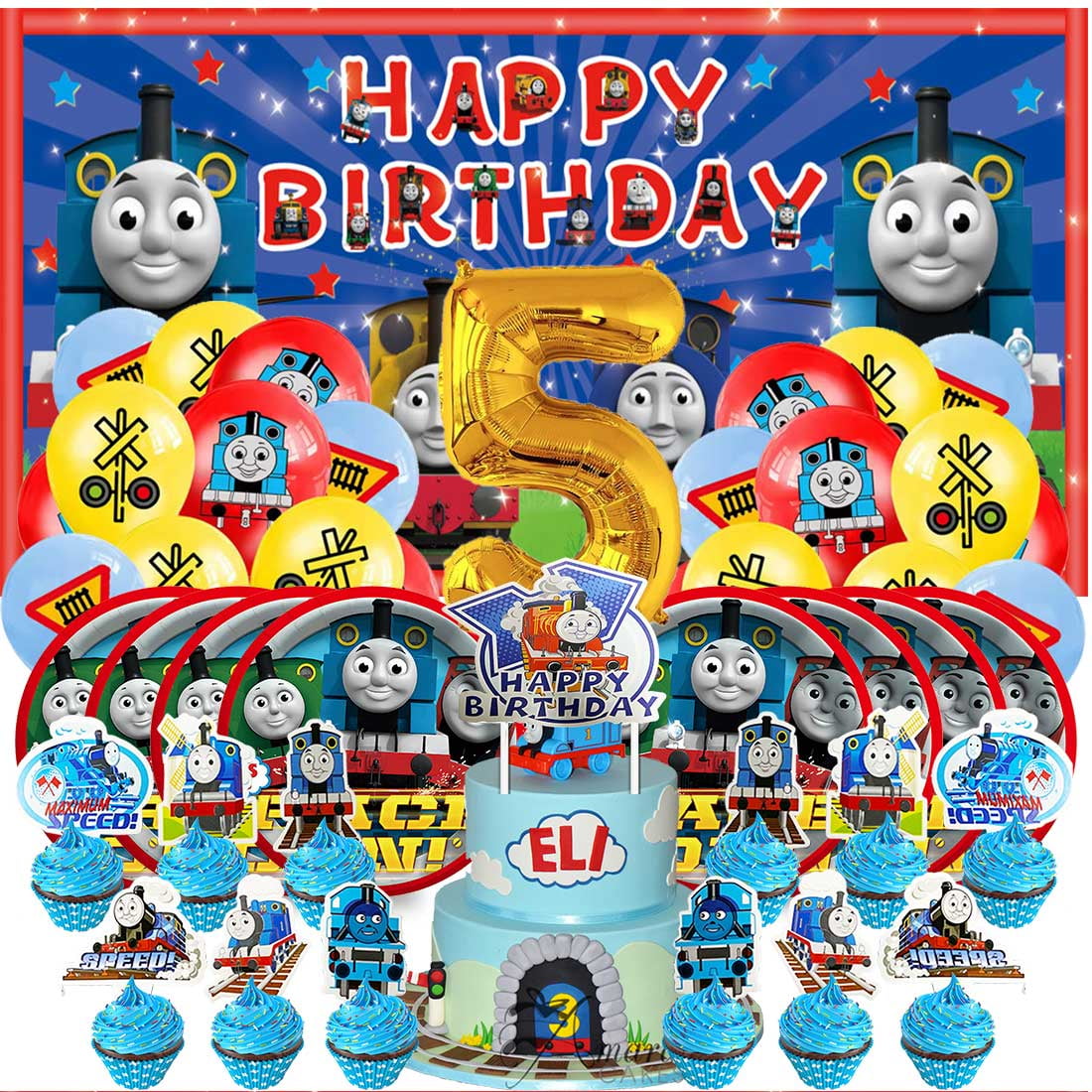 Thomas Balloons Party Supplies 5th Decor Tableware Birthday Cake Topper ...
