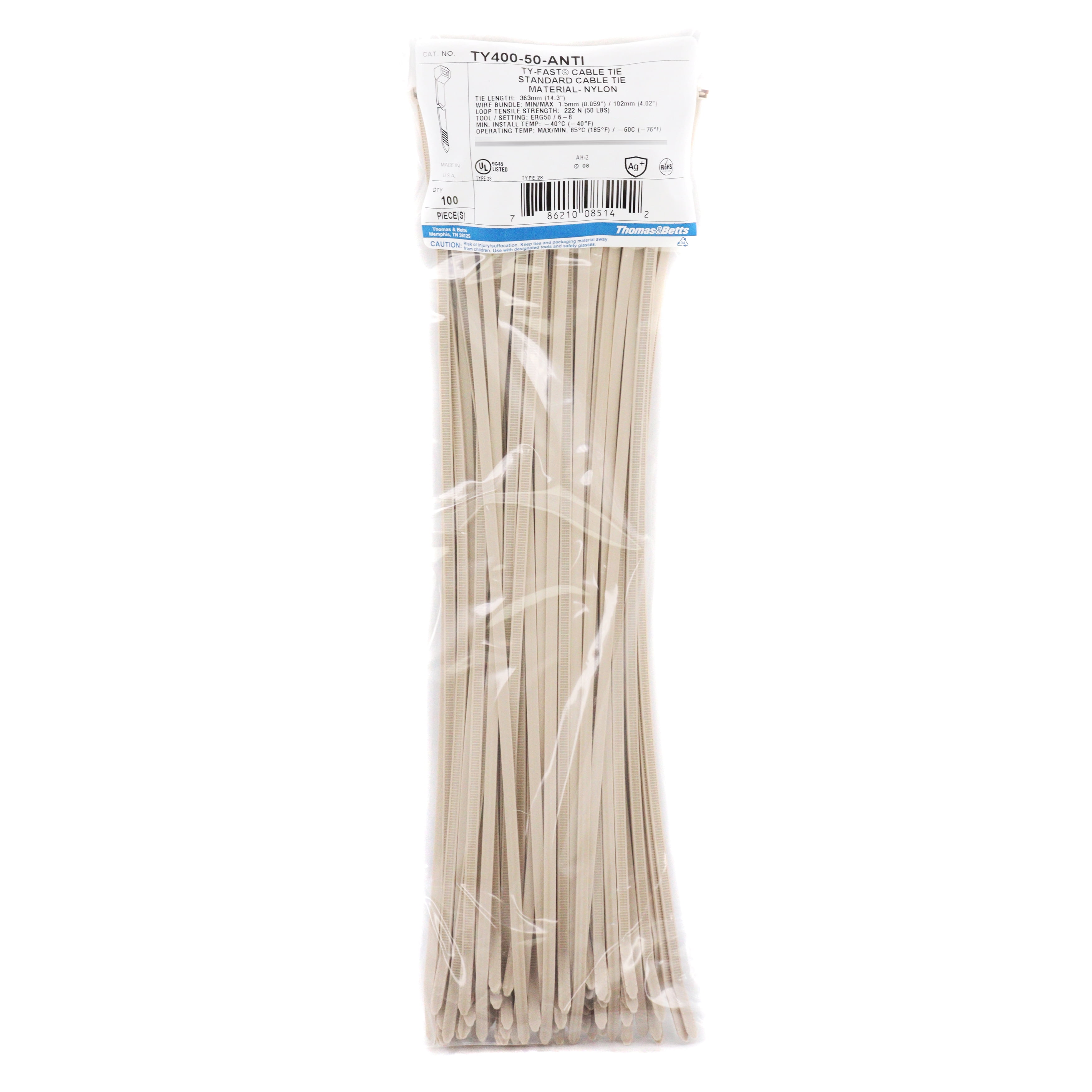 Thomas & Betts TY400-50-ANTI Nylon TY-FAST Cable Ties, AH2 Plenum, 14.3 ...