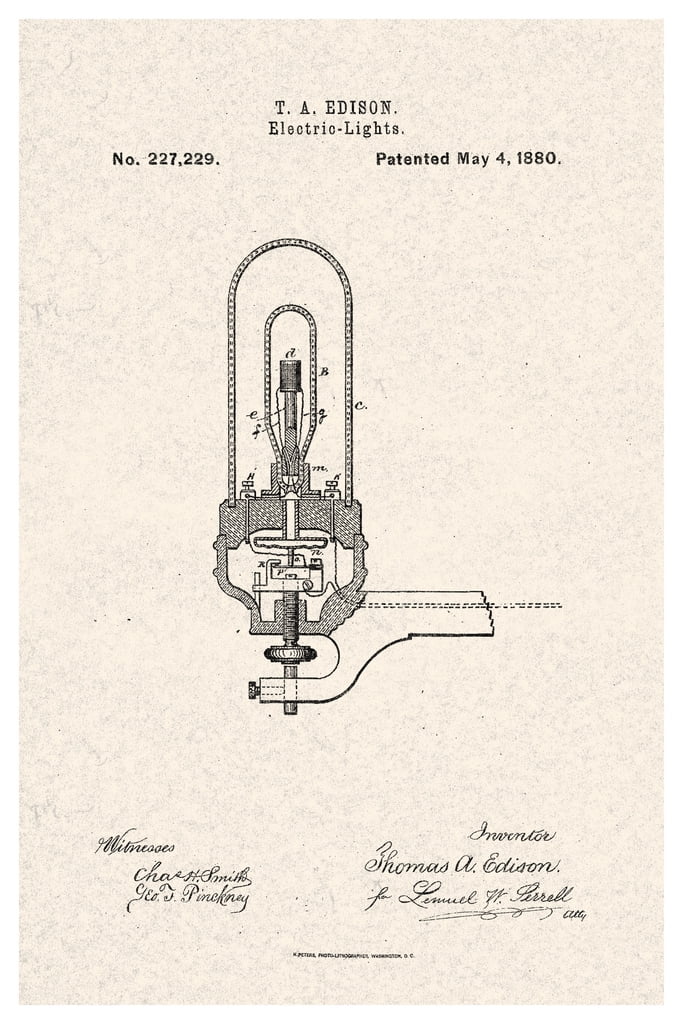 Thomas Edison Electric Light Bulb 1880 Official Patent Tan Color ...