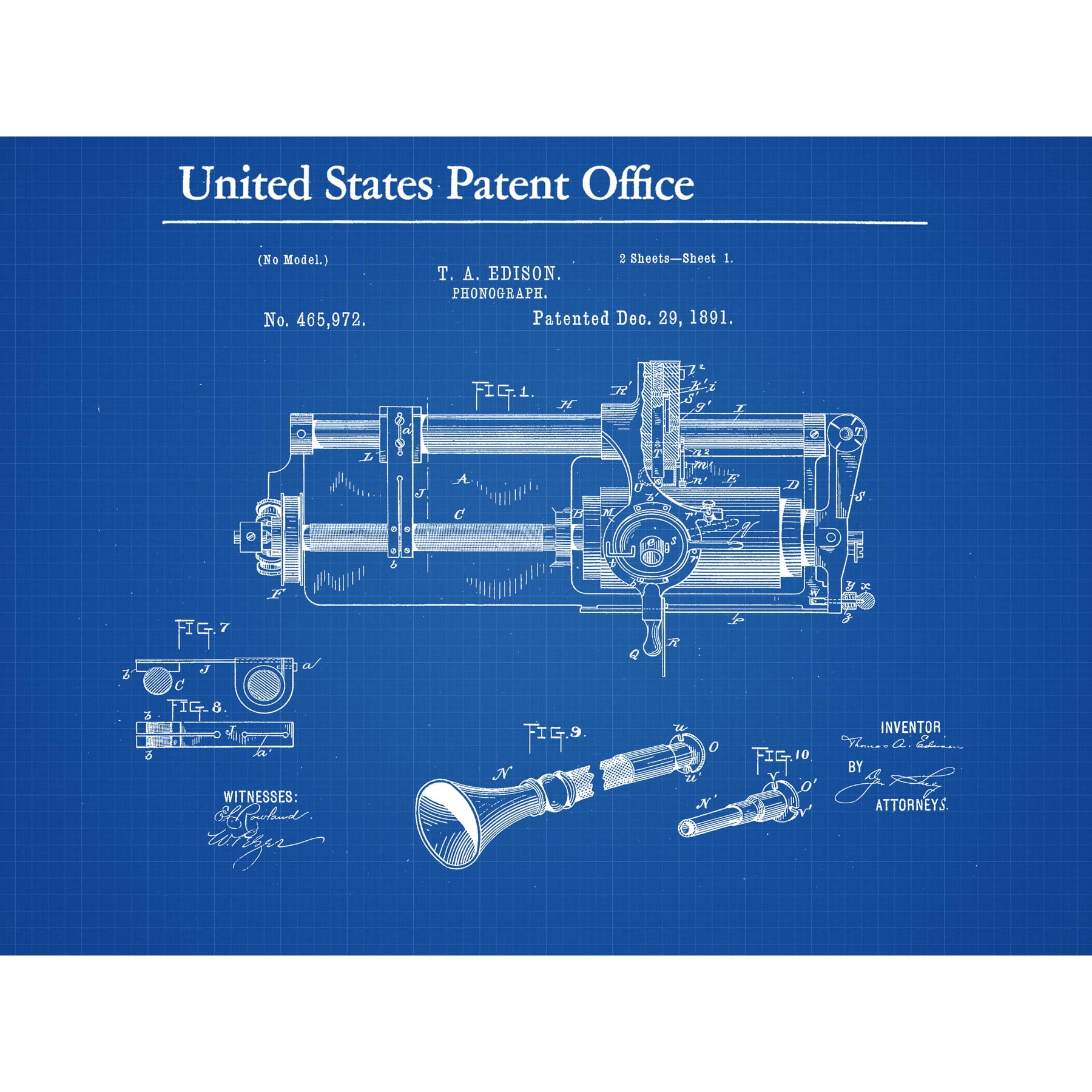 Thomas Edison Phonograph Gramophone 1891 Music Patent Extra Large XL ...
