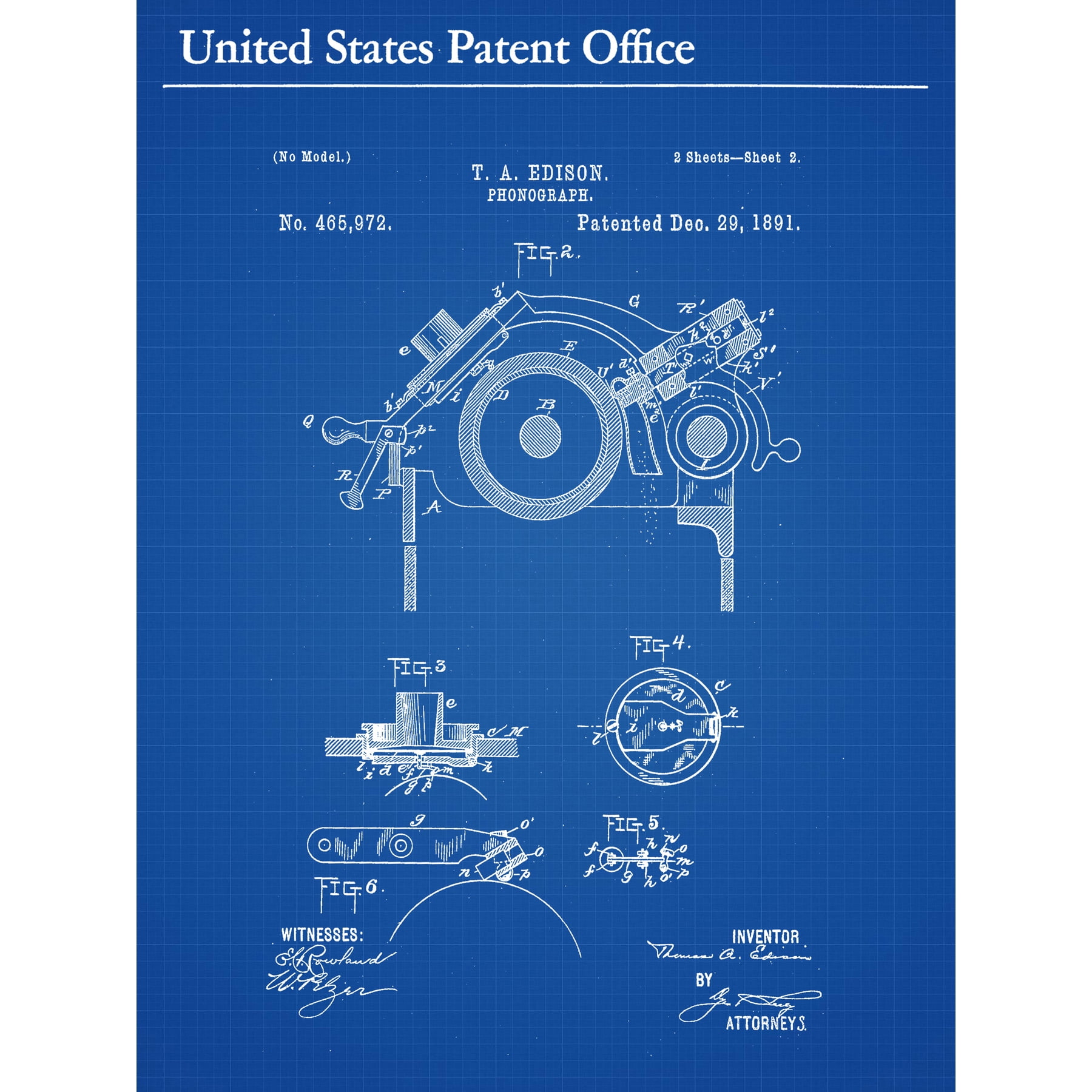 Thomas Edison Phonograph Recorder 1891 Music Patent Extra Large XL Wall ...