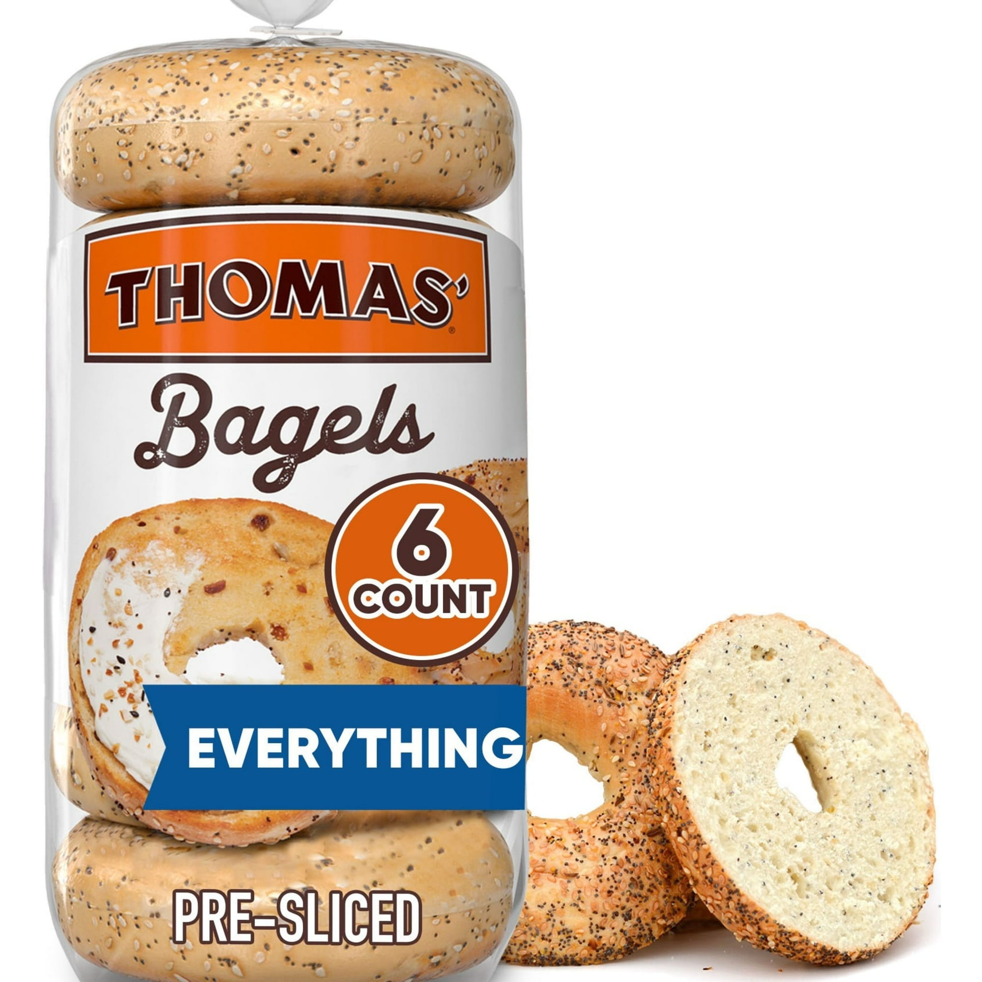 Thomas' Everything Bagels, 6 count, Soft Pre-sliced Bagels, 20 oz Bag (Pack of 8) - Walmart.com