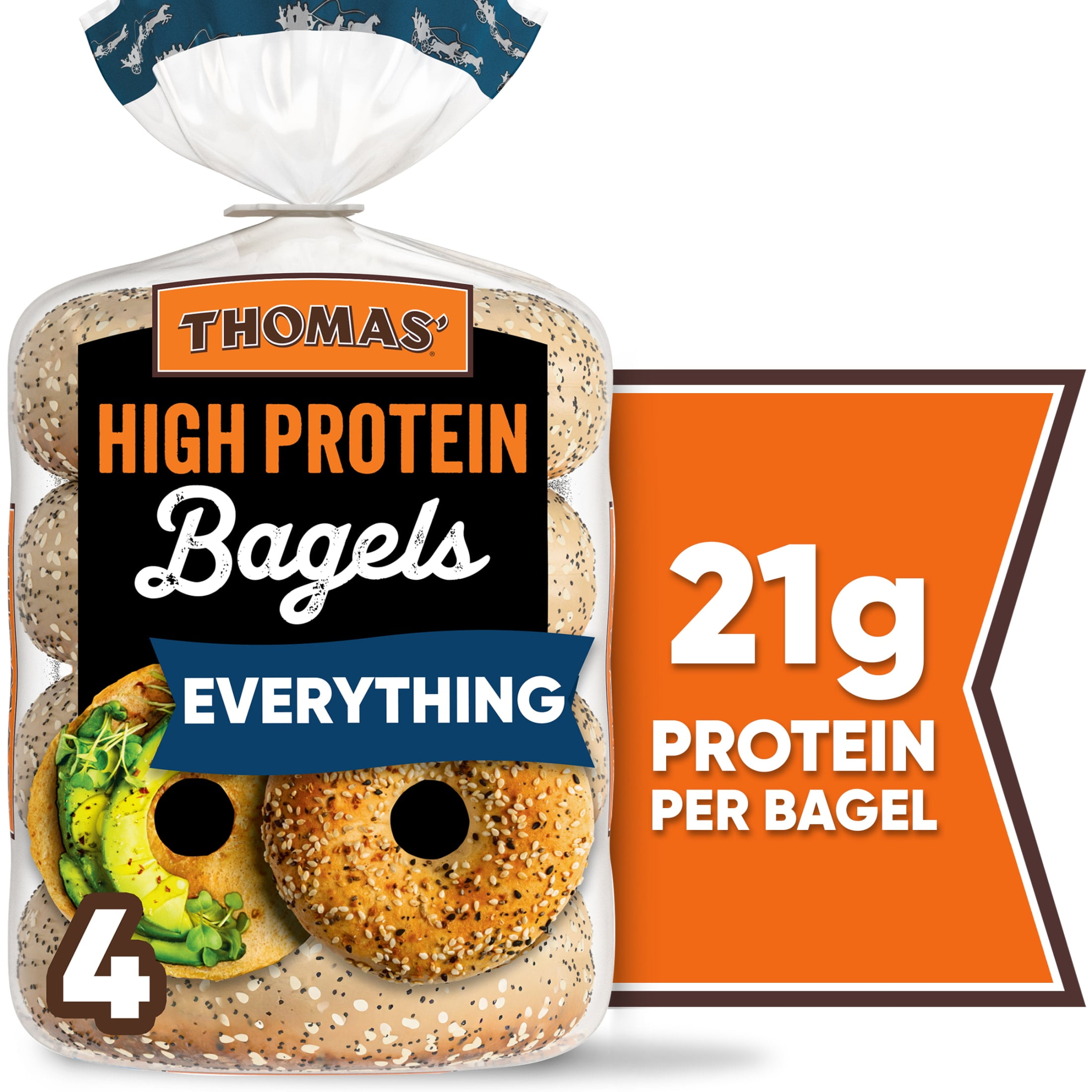 Thomas' High Protein Everything Bagels, 4 Count, 21g Protein, Kosher Bagels, 15.5 oz Bag ...